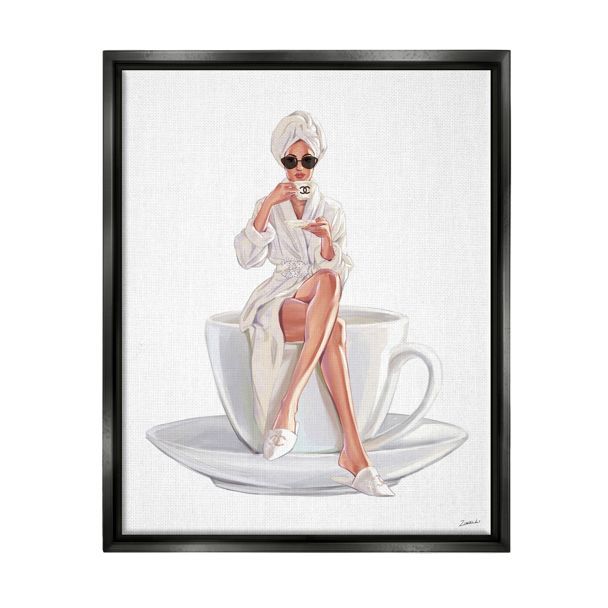 Stupell Industries Chic Woman Robe Coffee Cup Designer Logo Sunglasses ...