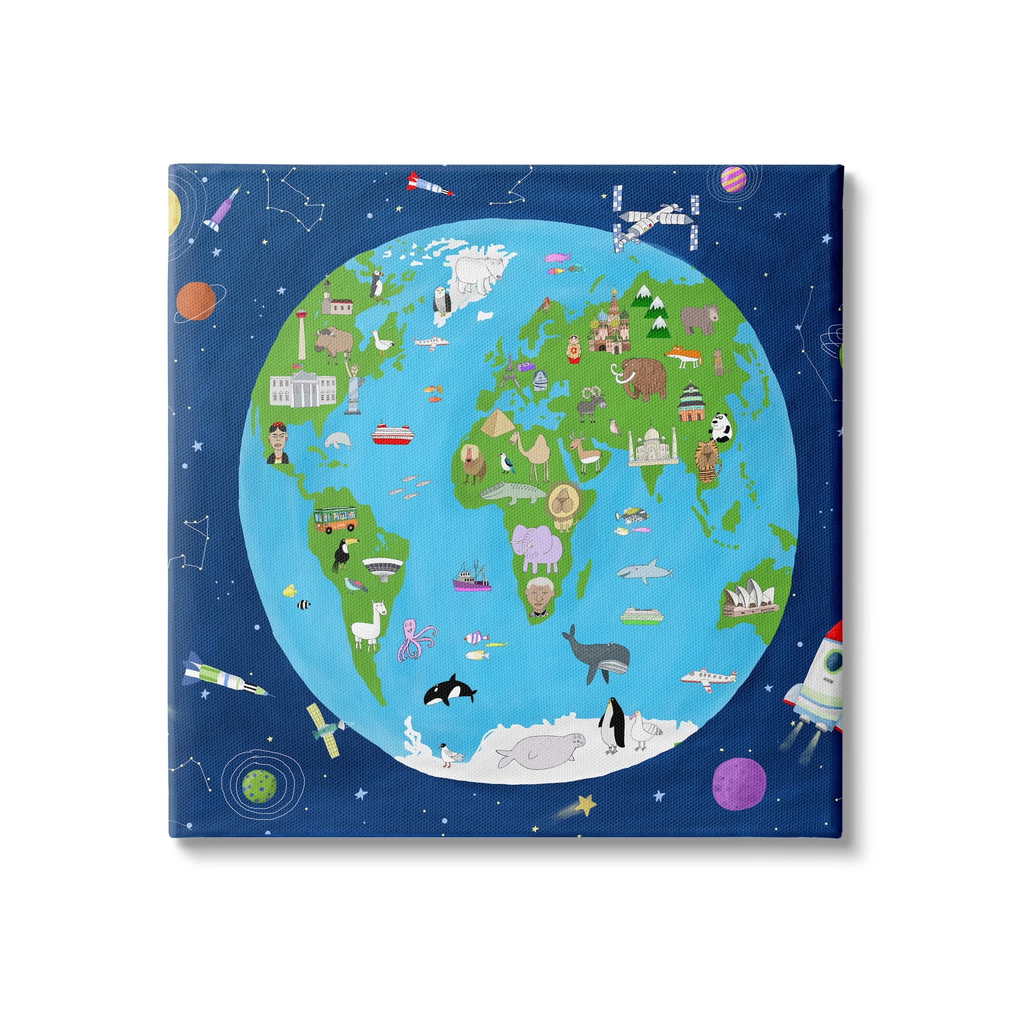 Stupell Industries Children's Earth and Outer Space Map Animals Stars ...