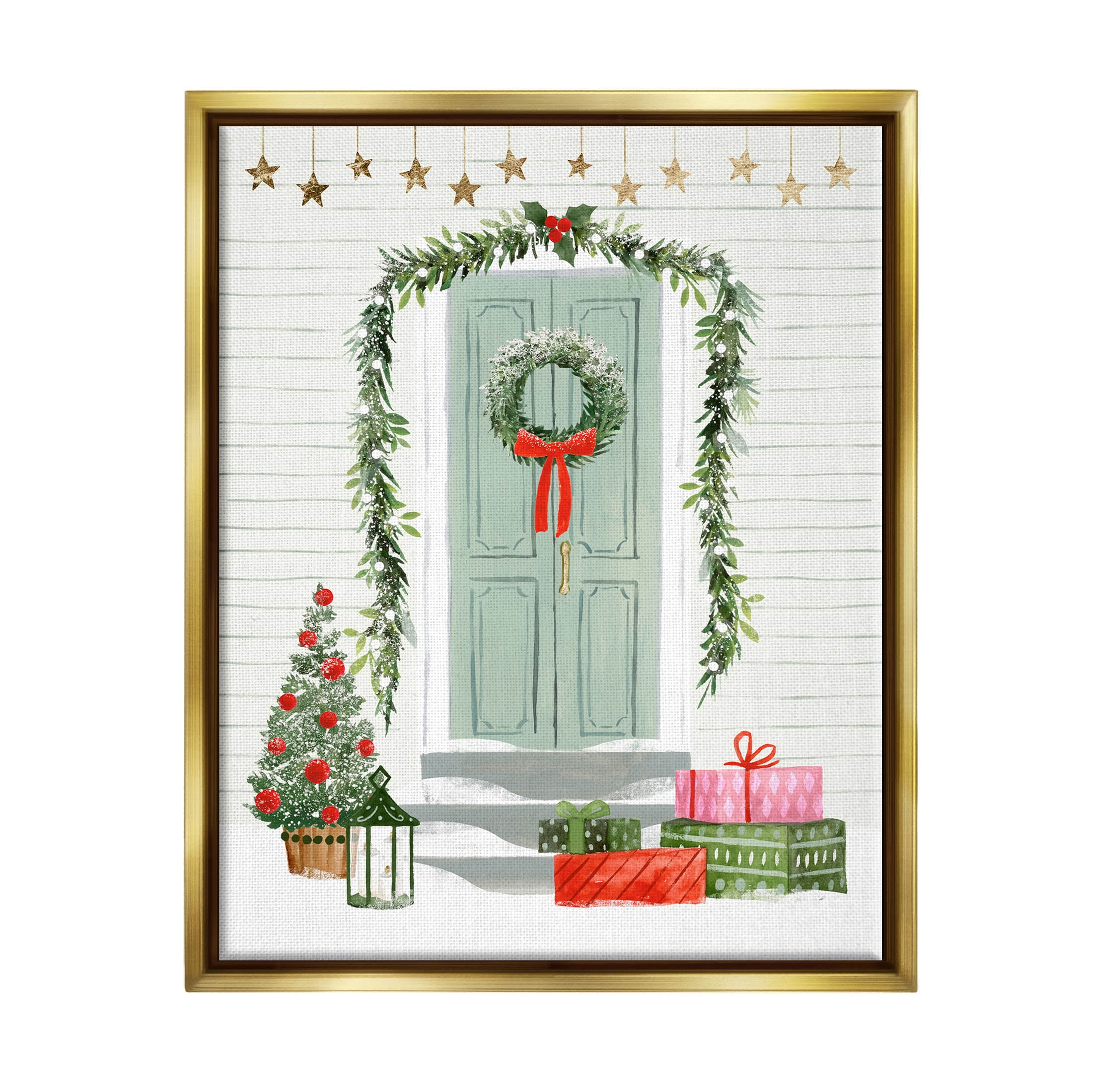 Stupell Industries Christmas Presents Wreath Doorstep Graphic Art Metallic Gold Floating Framed ...