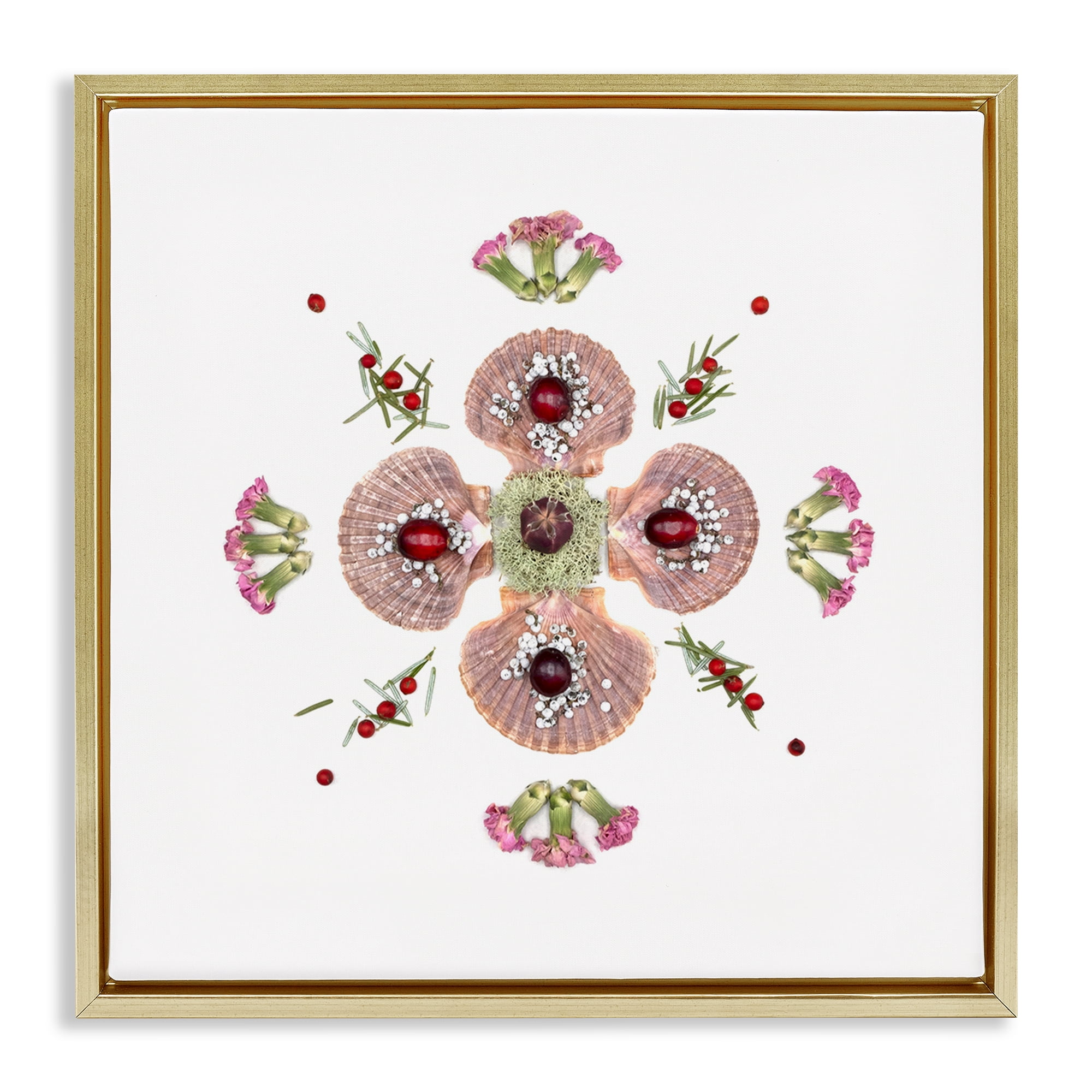 Stupell Industries Clam Shells & Botanicals Pattern Gold Framed Floater ...