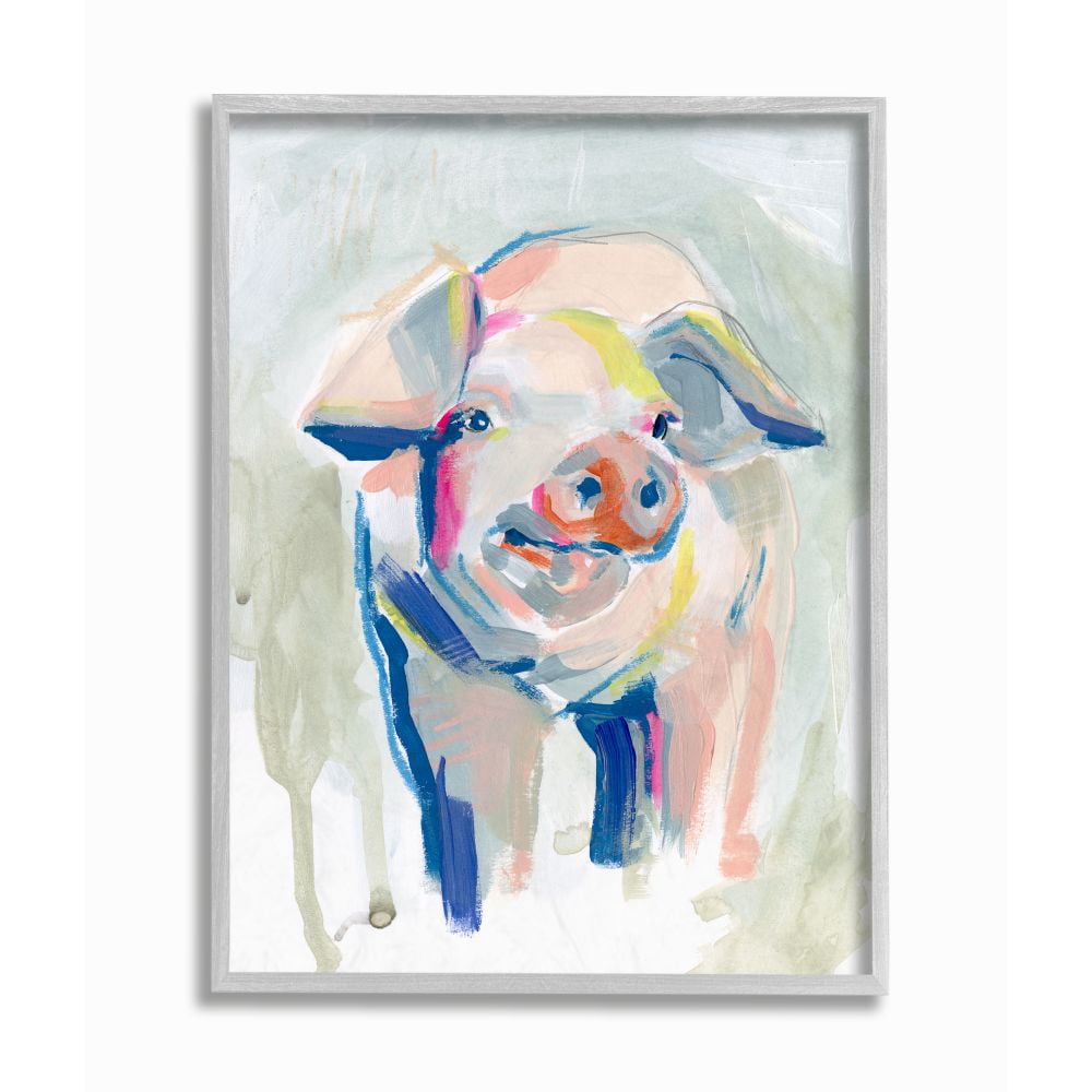 Stupell Industries Colorful Pig Farm Animal Painting Gray Framed Art ...