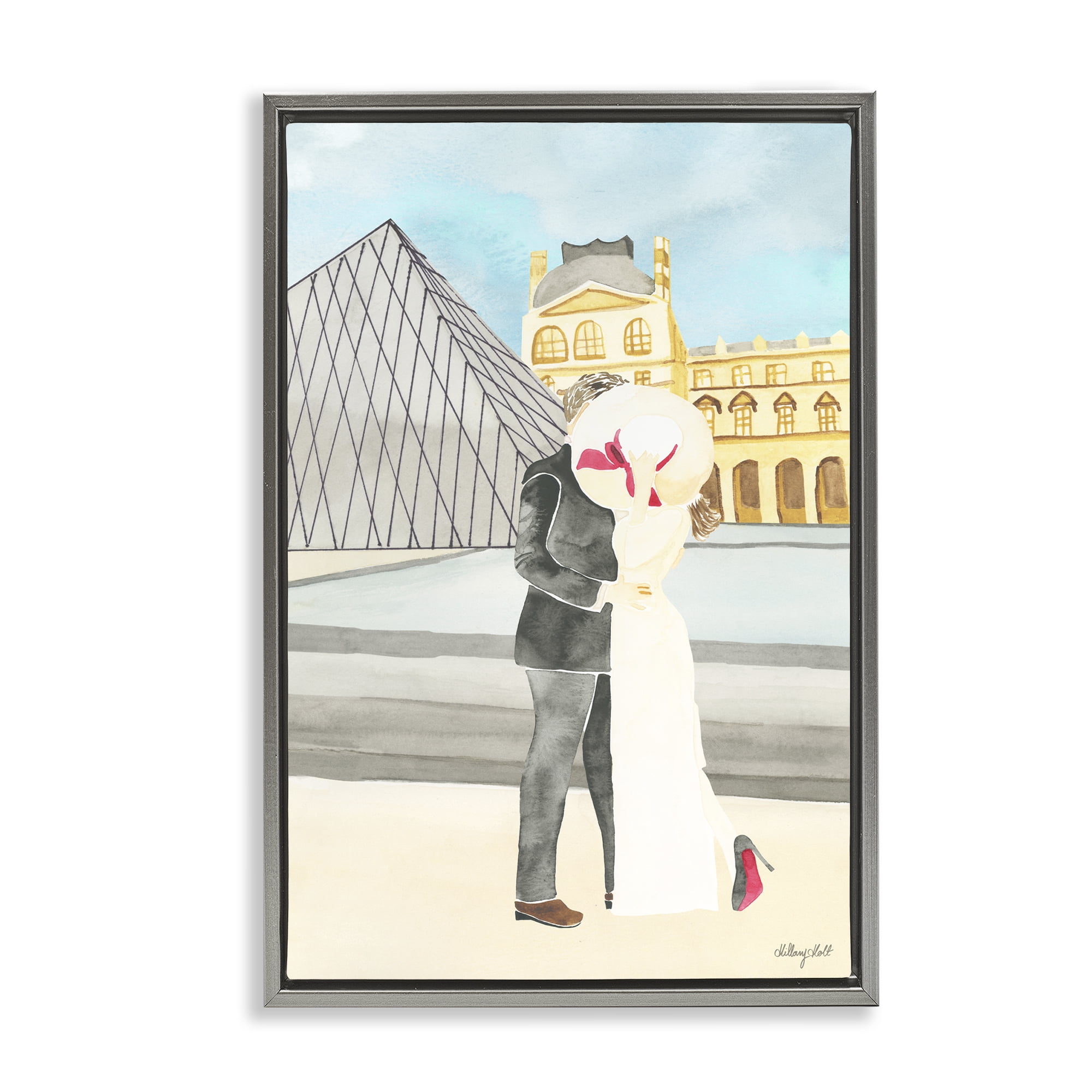 Stupell Industries Couple Embrace At The Louvre Gray Framed Floater ...