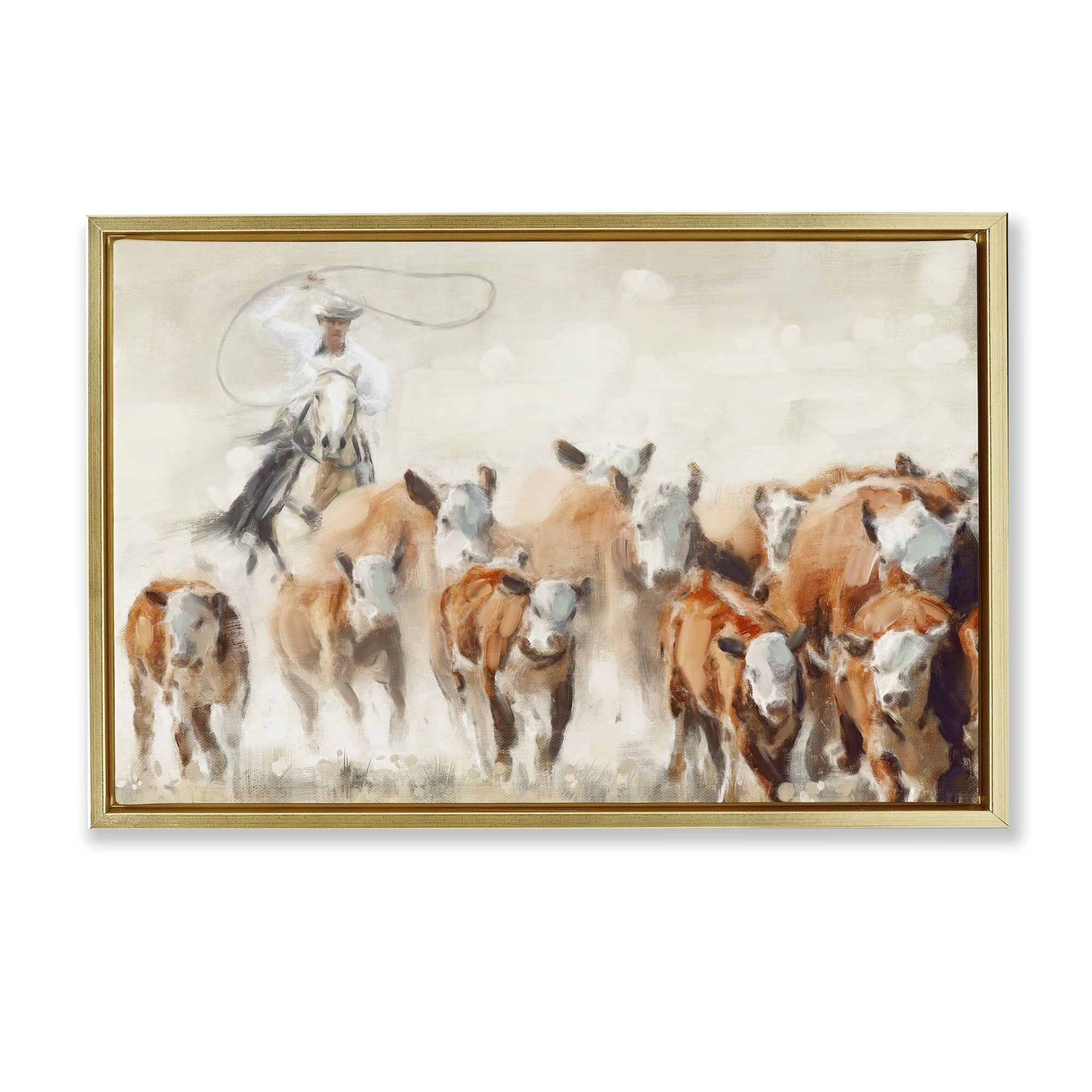 Stupell Industries Cowboy Cattle Roundup Animals Painting Gold Floater ...