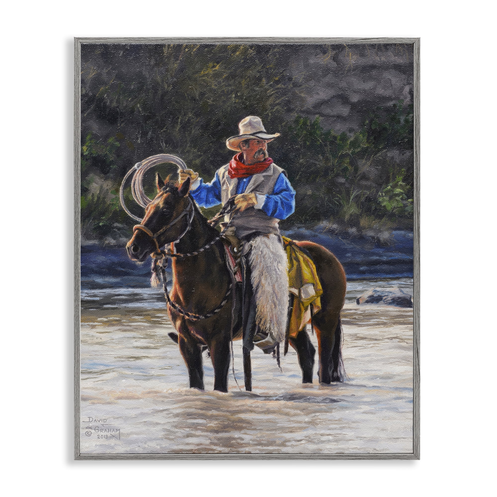 Stupell Industries Cowboy & River Passage People Painting Gray Framed ...