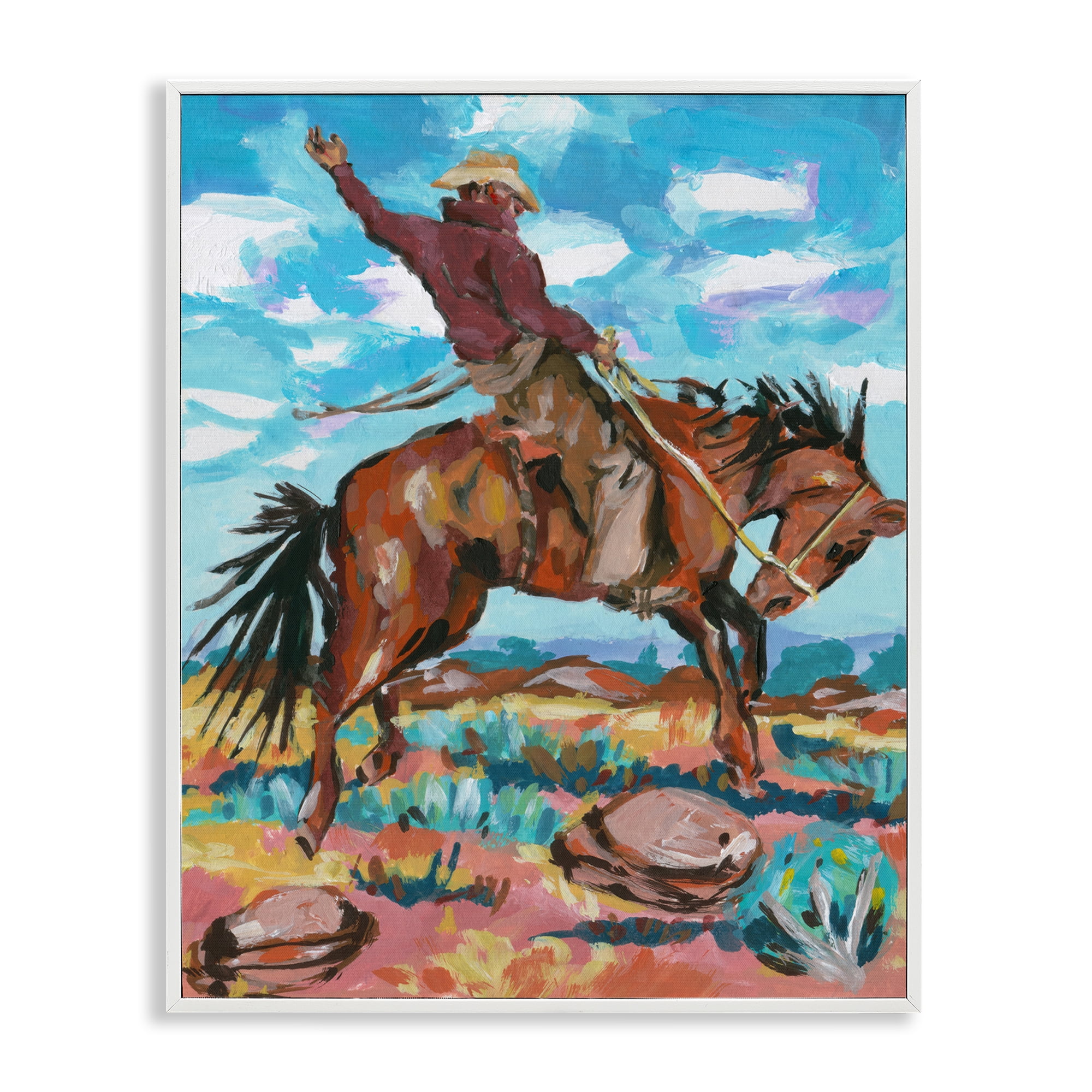 Stupell Industries Cowboy on Rearing Horse Animals Painting White ...