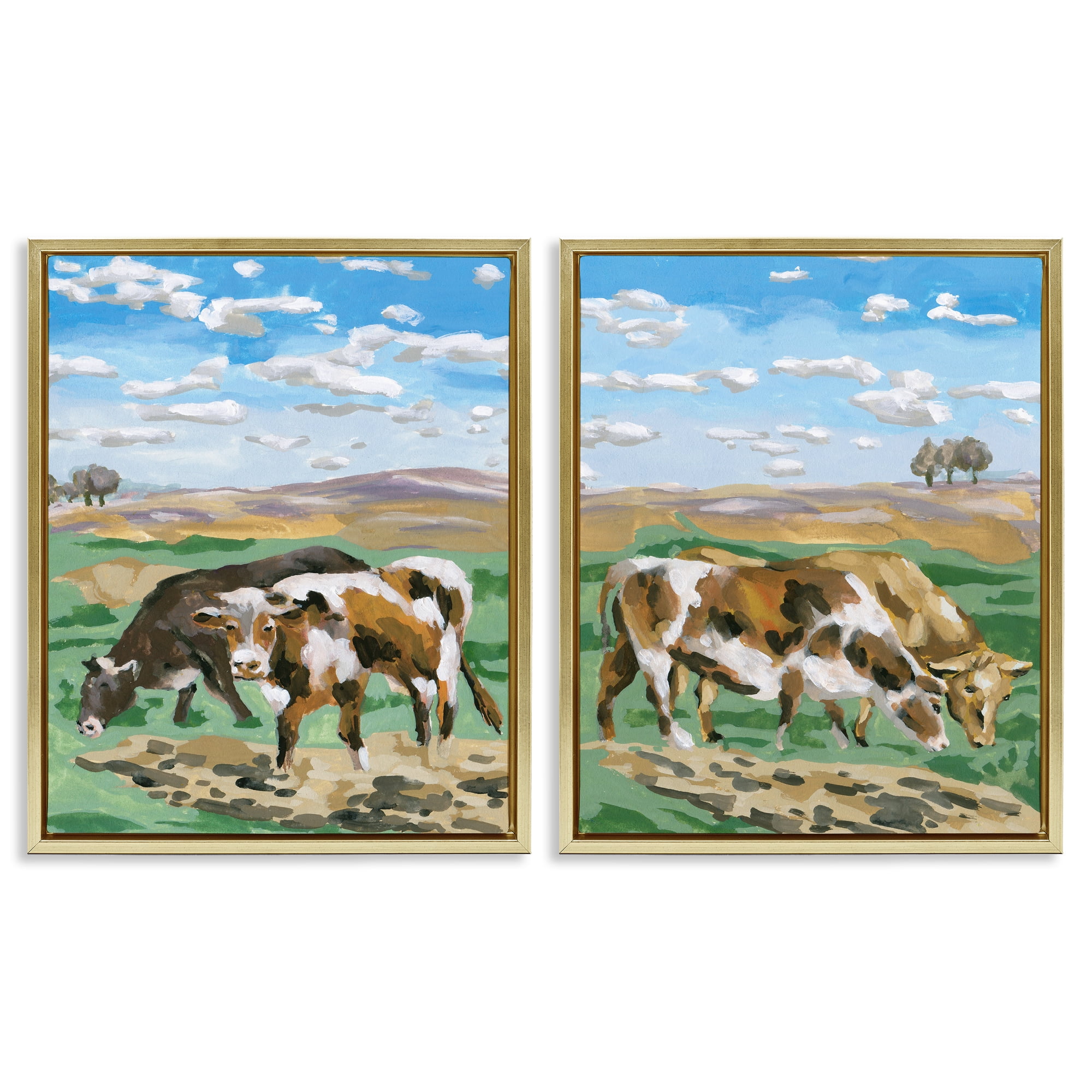 Stupell Industries Cows Grazing in Field Animals Painting Gold Floater ...