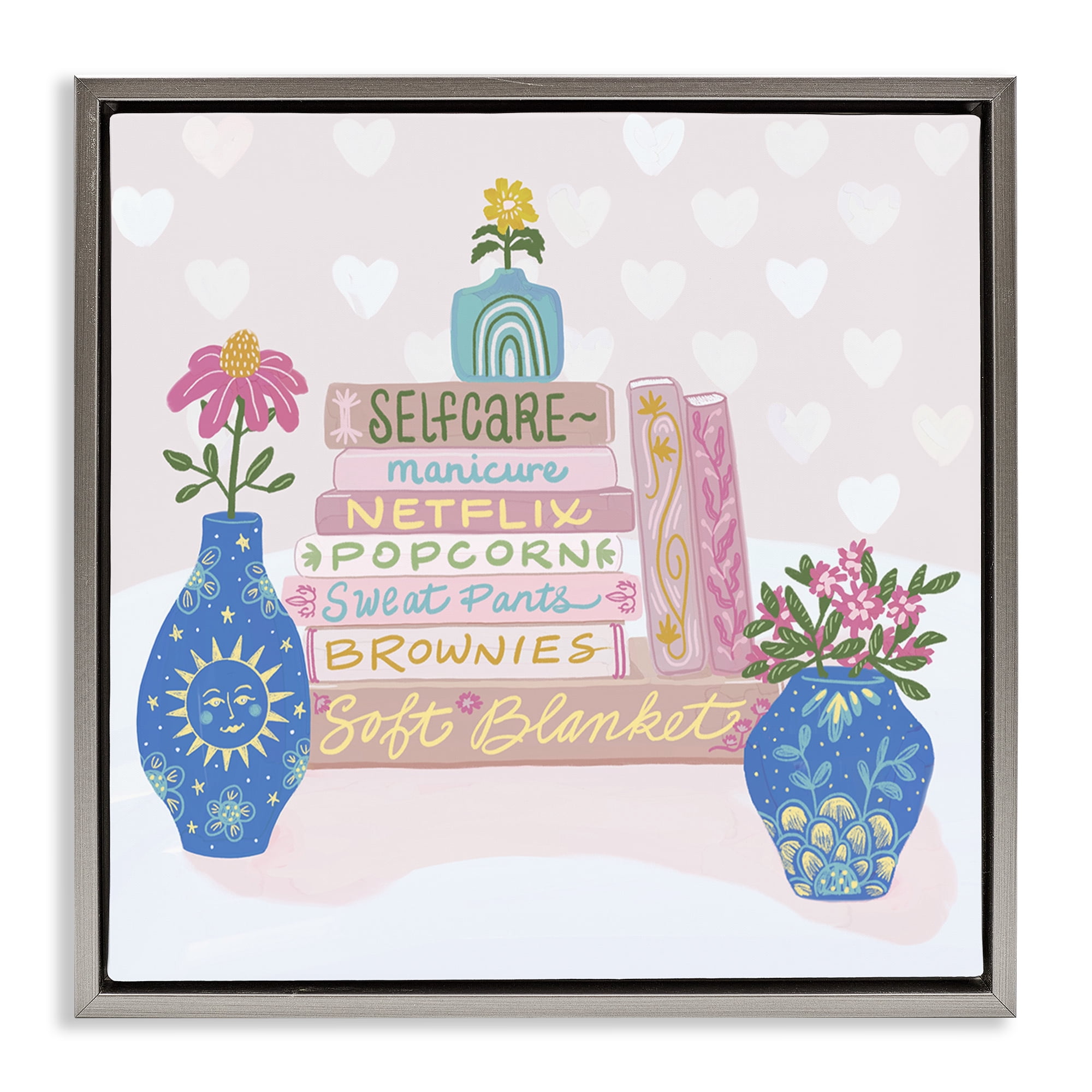Stupell Industries Cozy Boho Self Care Books Gray Framed Floater Canvas ...