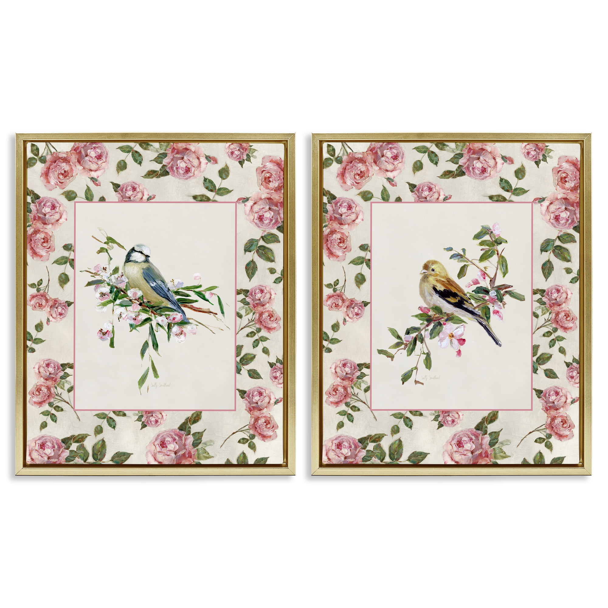 Stupell Industries Dainty Roses & Birds 2 Piece Gold Framed Floater ...