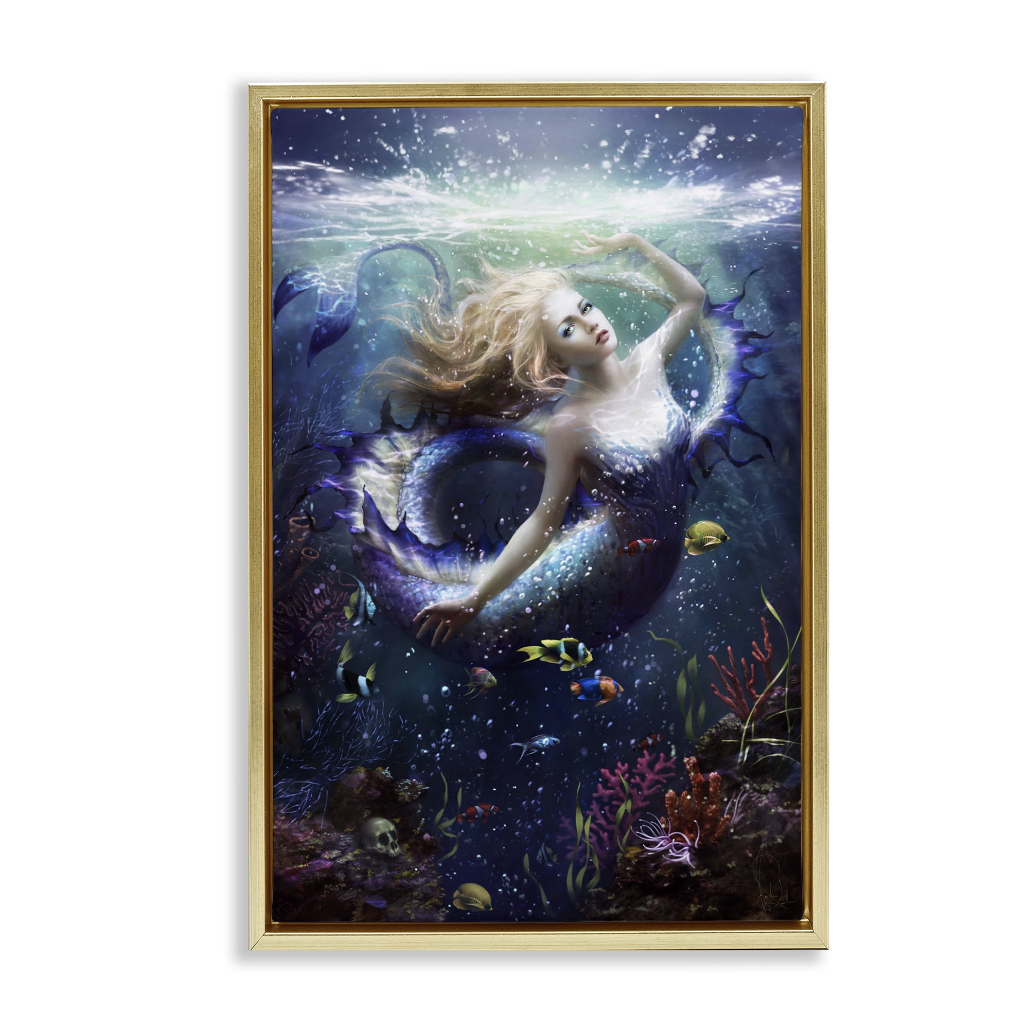 Stupell Industries Deep Sea Mermaid Gold Framed Floater Canvas Wall Art ...