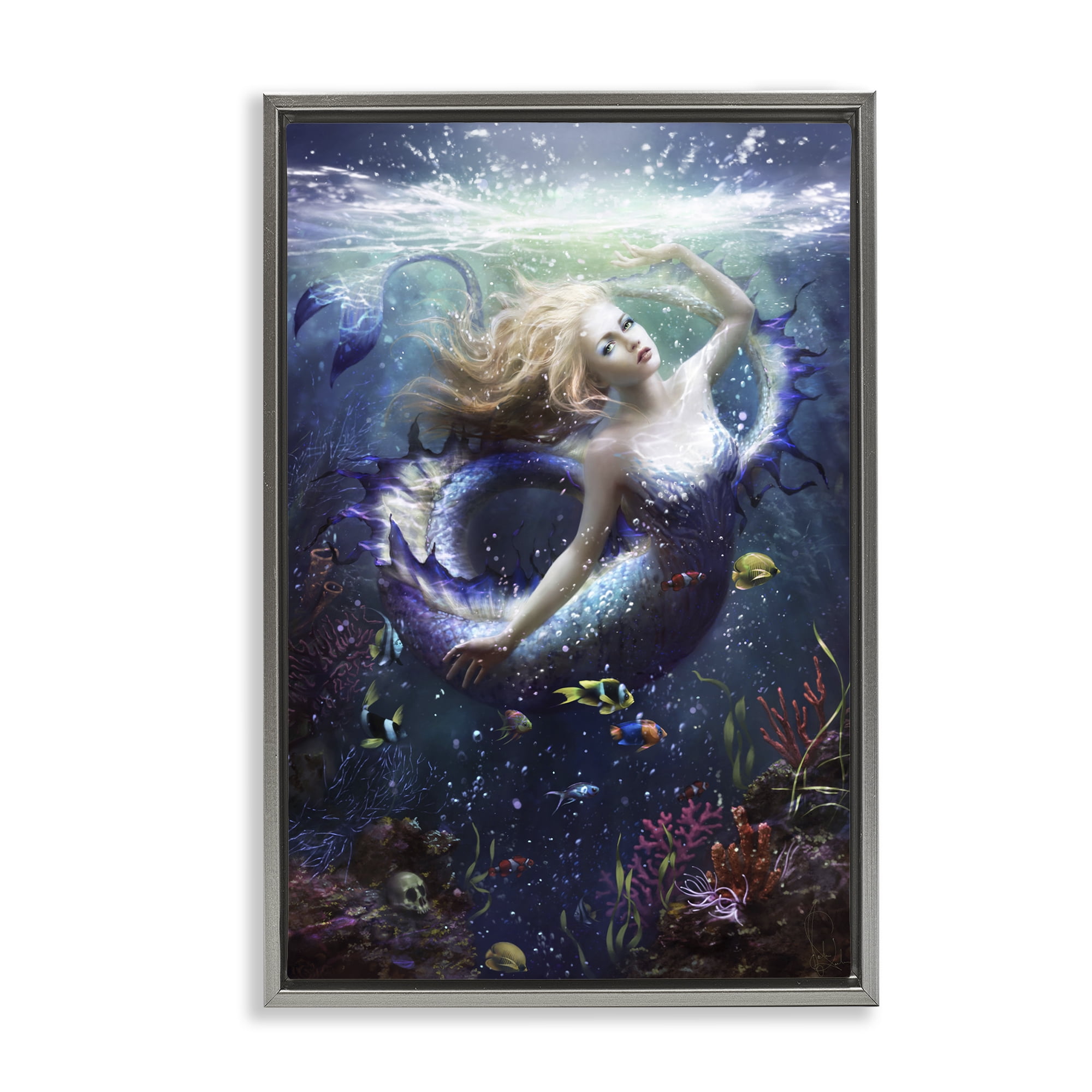 Stupell Industries Deep Sea Mermaid Gray Framed Floater Canvas Wall Art ...