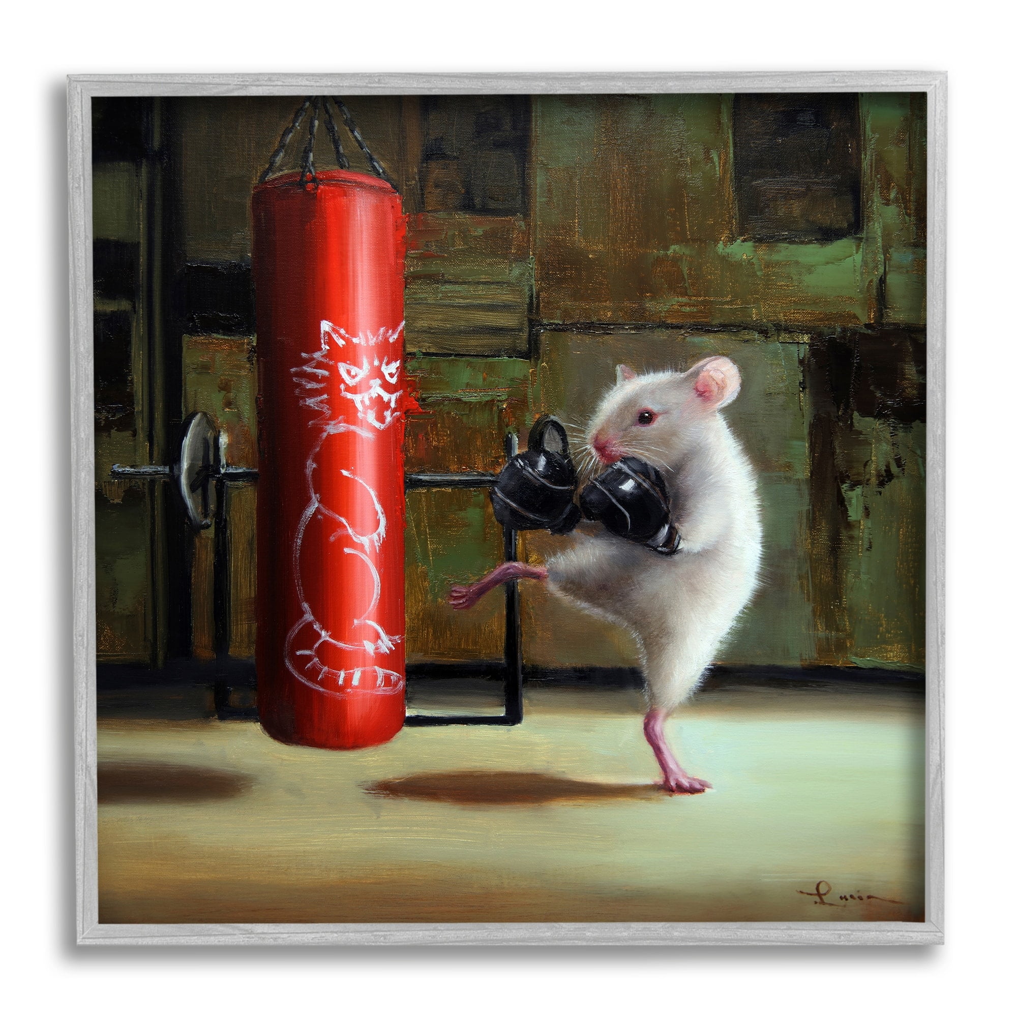 Stupell Industries Detailed Mouse Kick Boxing Cat Punching Bag Framed ...