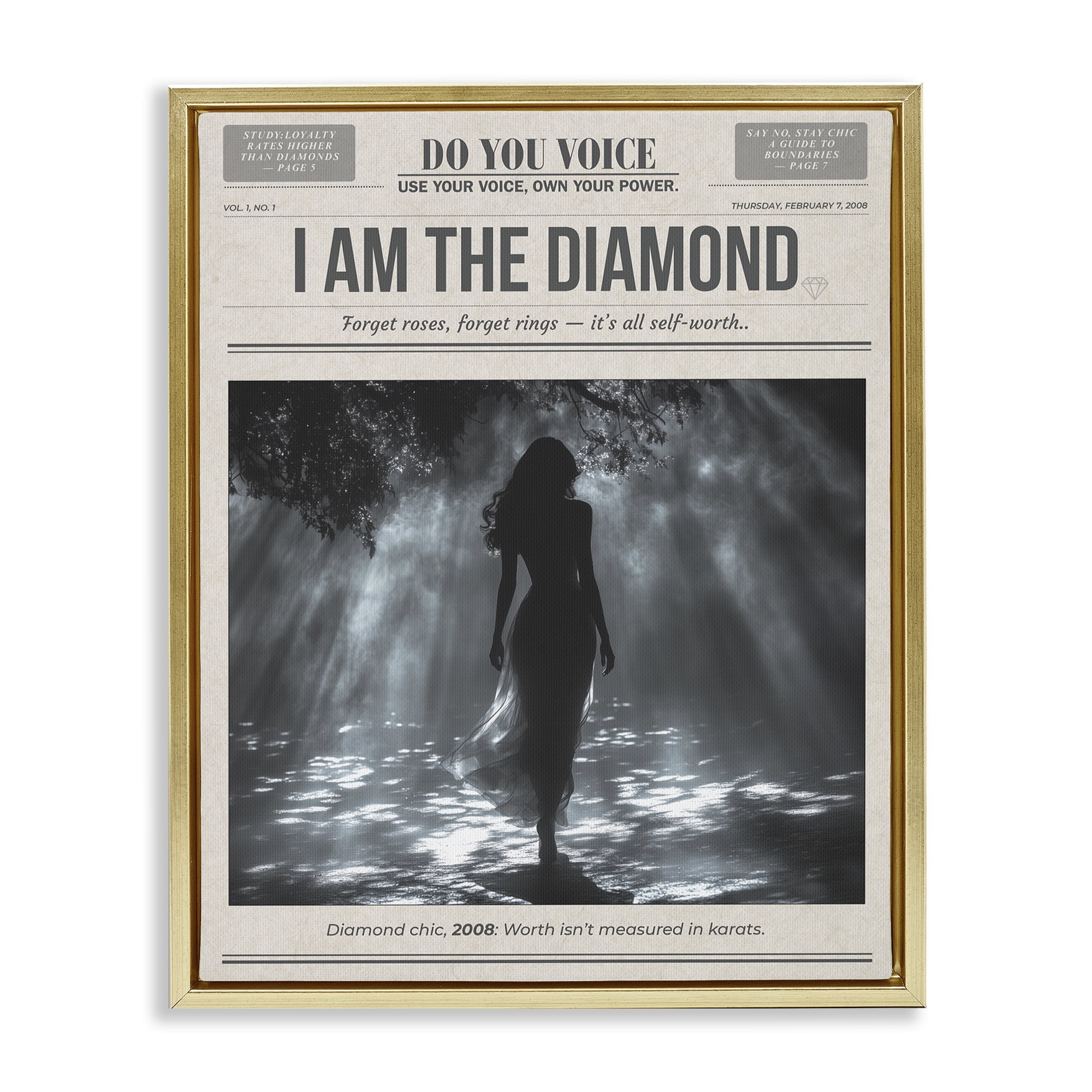 Stupell Industries Diamond Chic Newspaper Gold Framed Floater Canvas ...