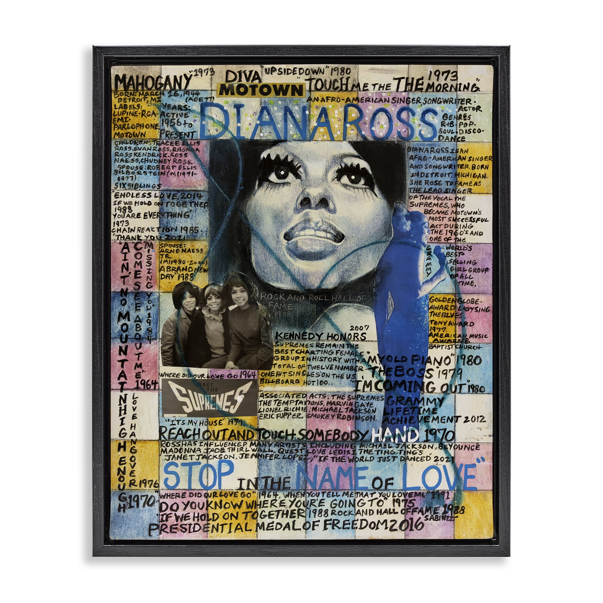 Stupell Industries Diana Ross Collage People Drawing Black Floater ...