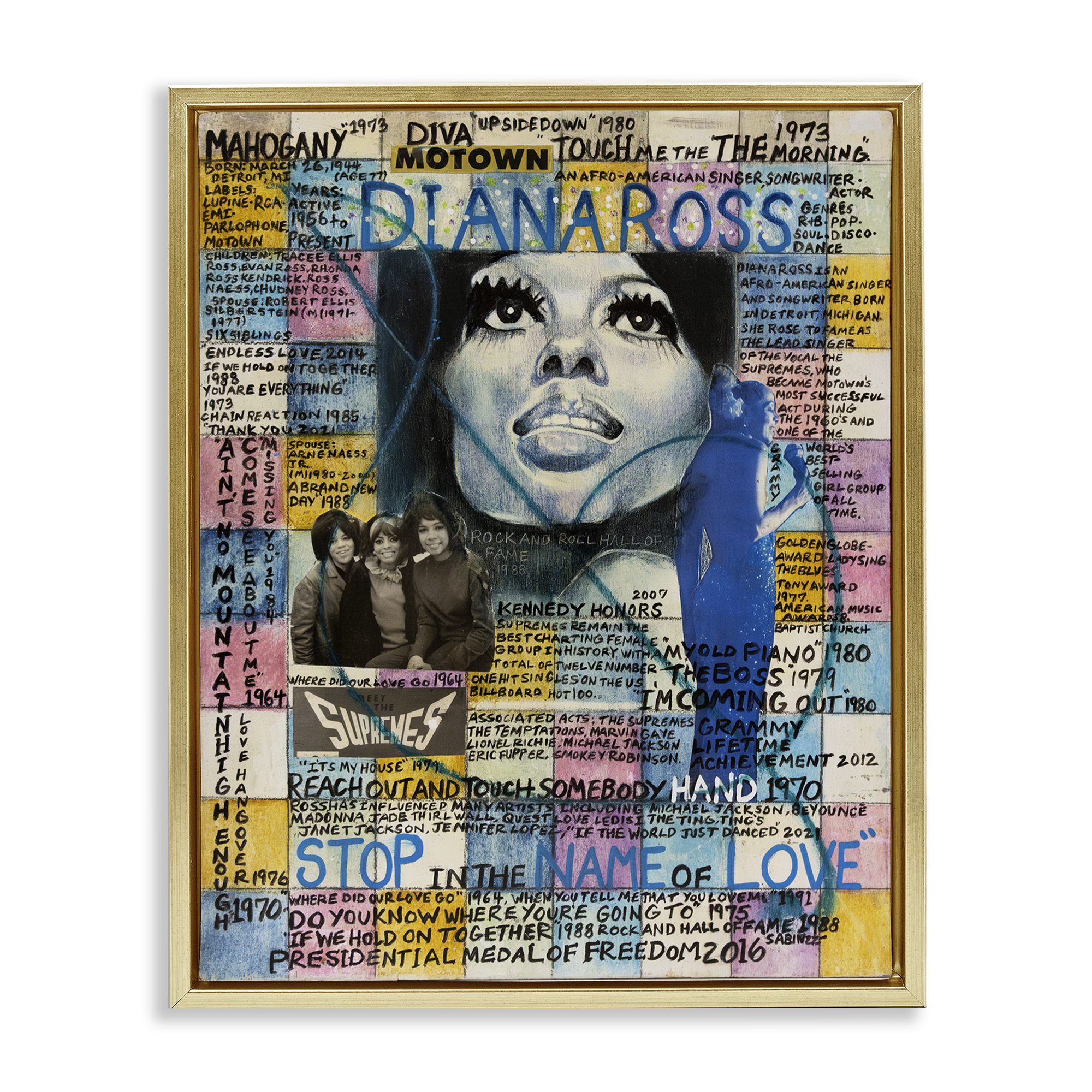 Stupell Industries Diana Ross Collage People Drawing Gold Floater ...