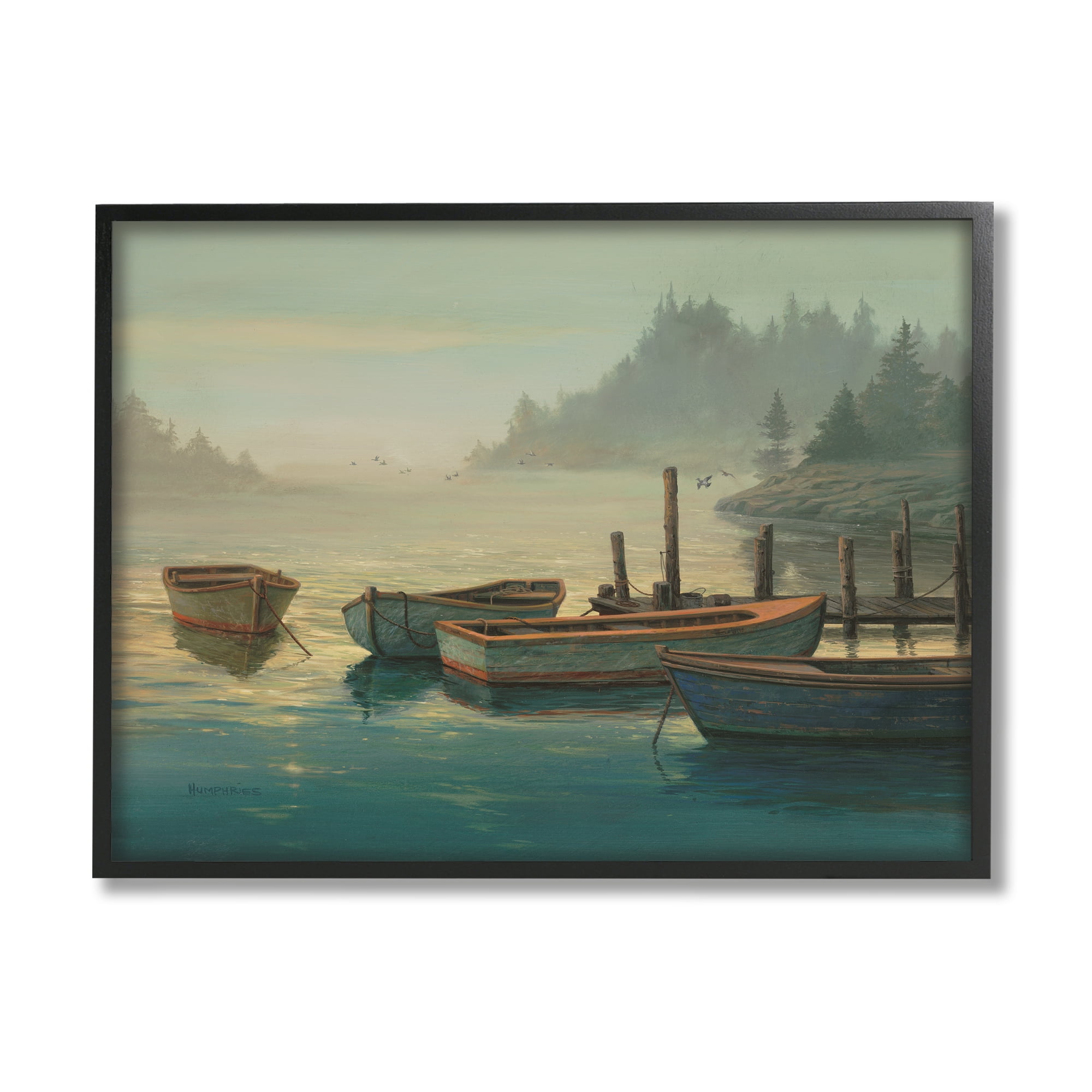 Stupell Industries Docked Boats Landscape Nature Painting Black Framed ...