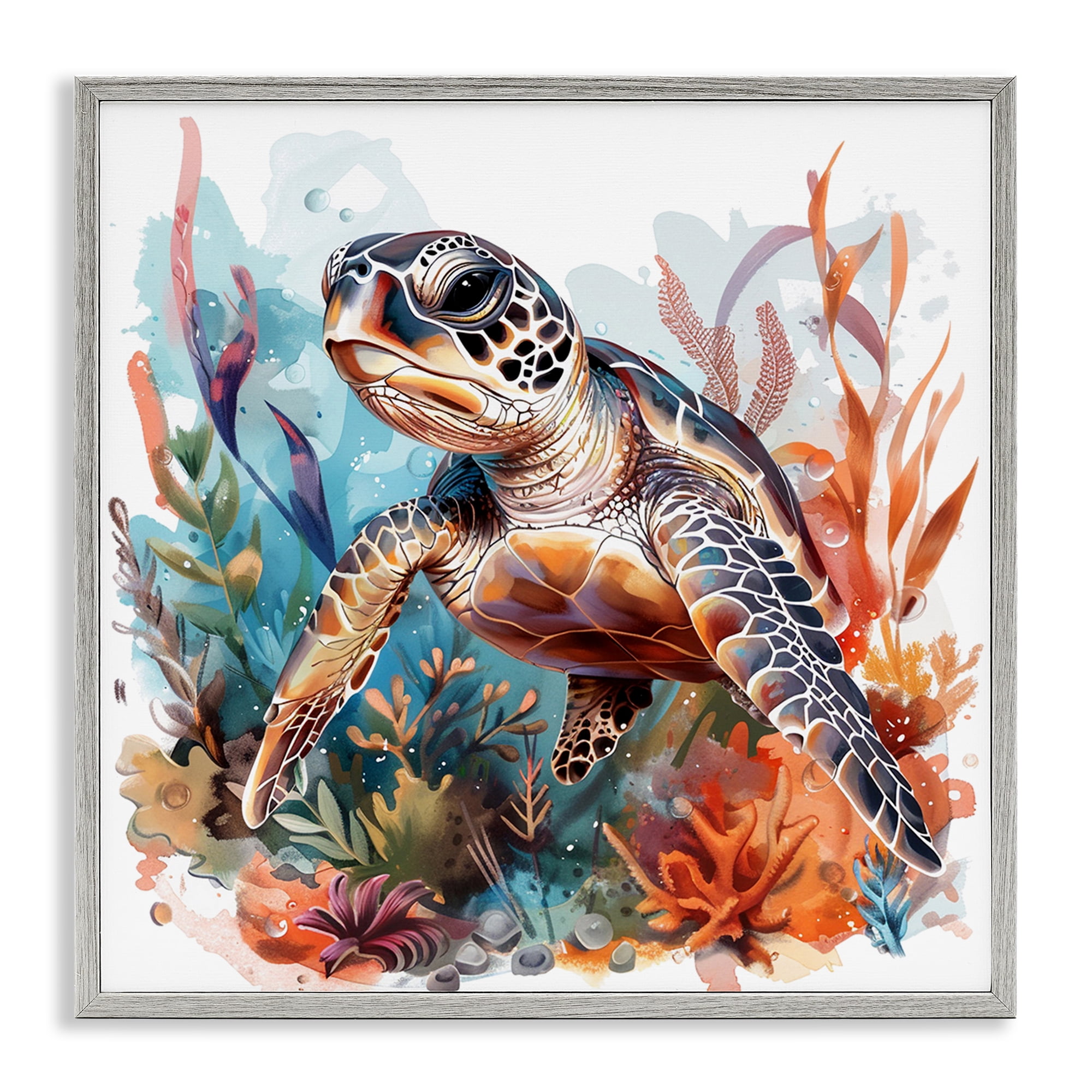 Stupell Industries Drifting Sea Turtle Animals Painting Gray Framed Art ...