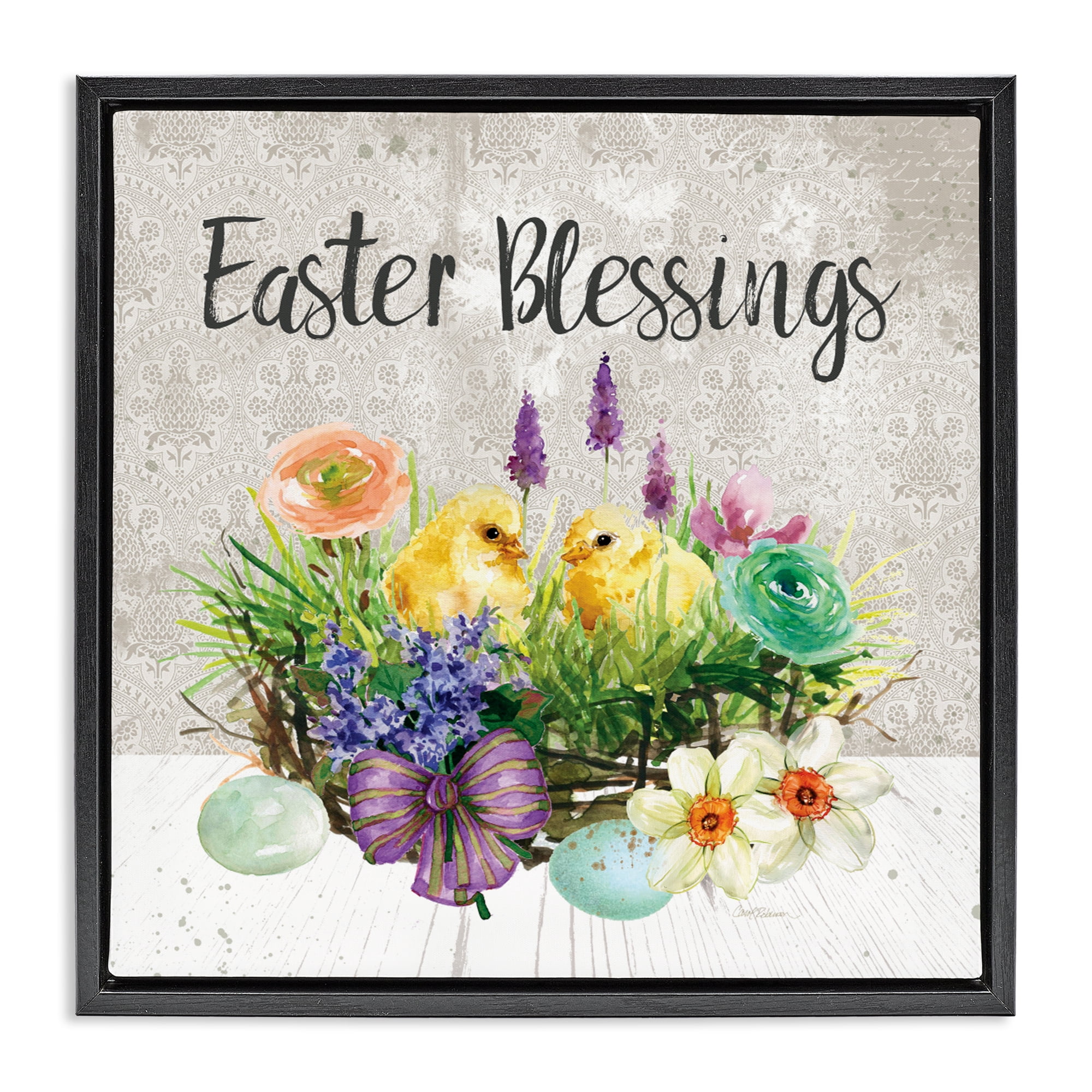 Stupell Industries Easter Blessings Basket of Flowers Black Framed ...