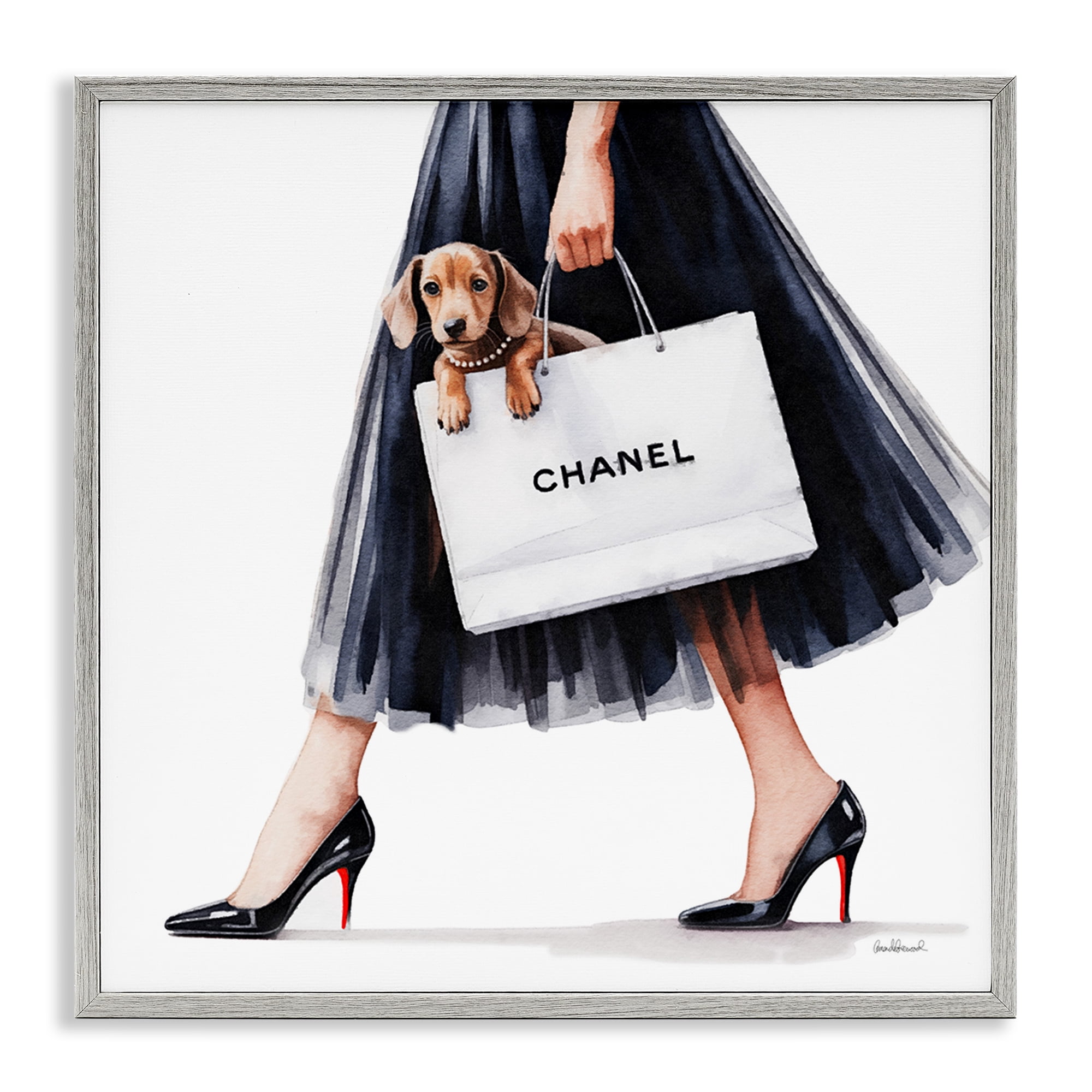 Stupell Industries Elegant Dog & Shopping Bag Gray Framed Giclee Art ...