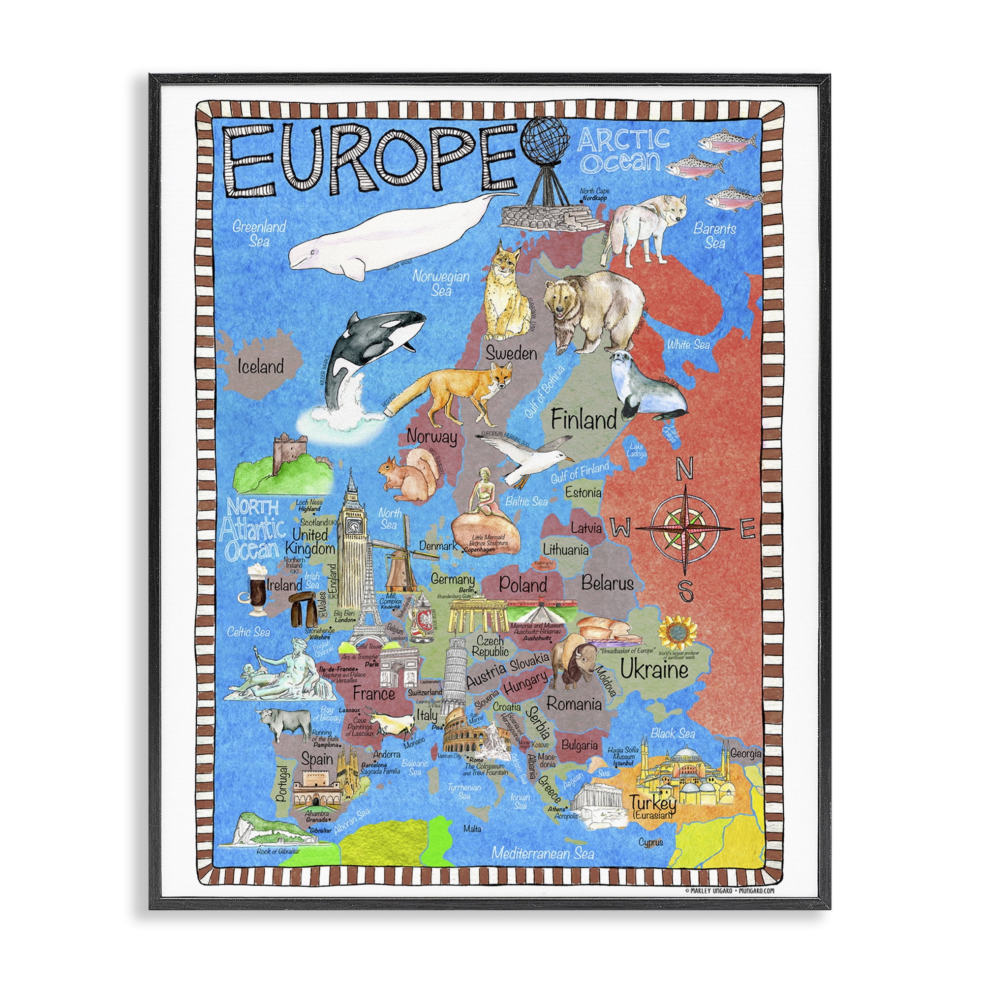 Stupell Industries Europe Animal Map Travel & Places Painting Black ...