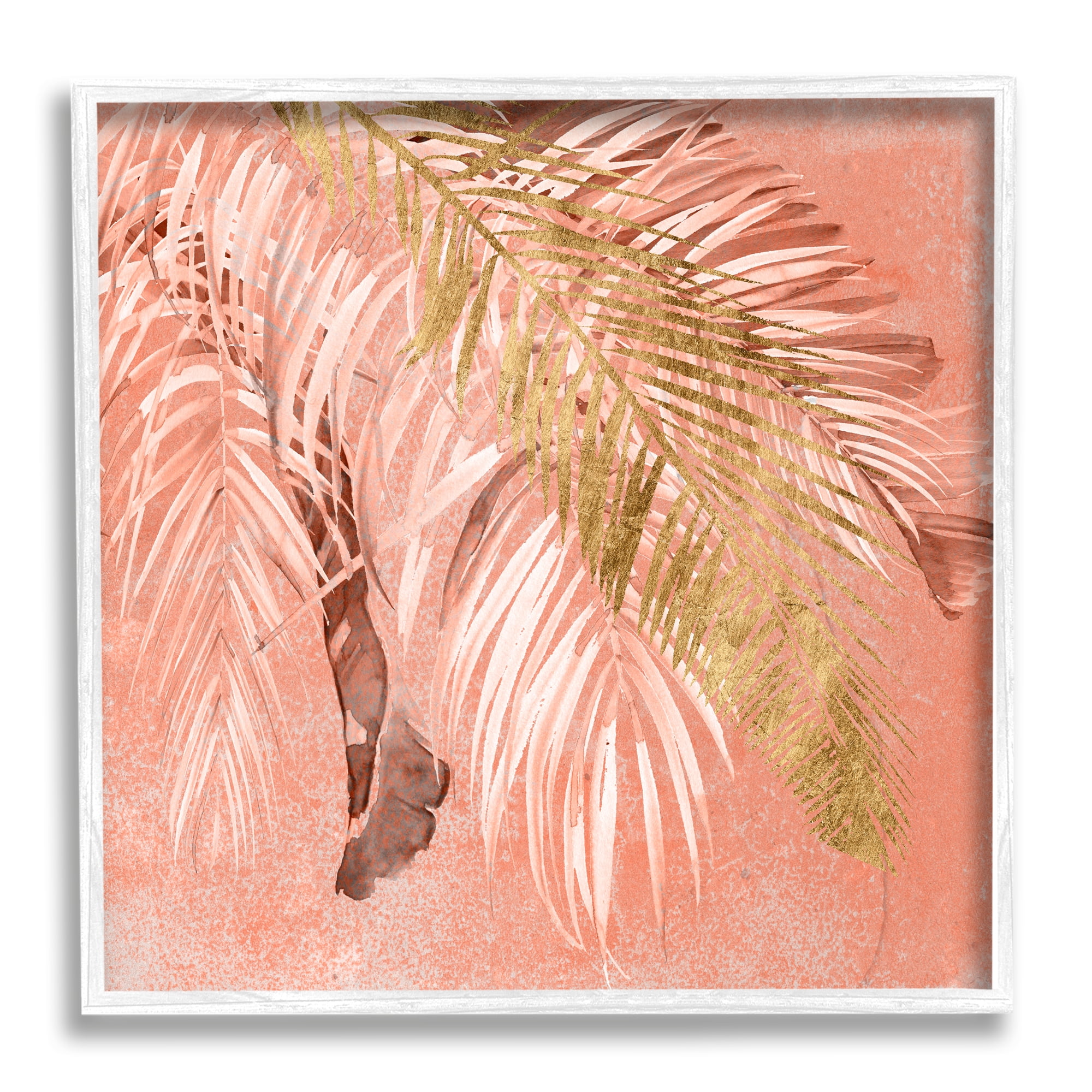 Stupell Industries Palm Tree Fronds Tropical Pink Plants White Framed ...