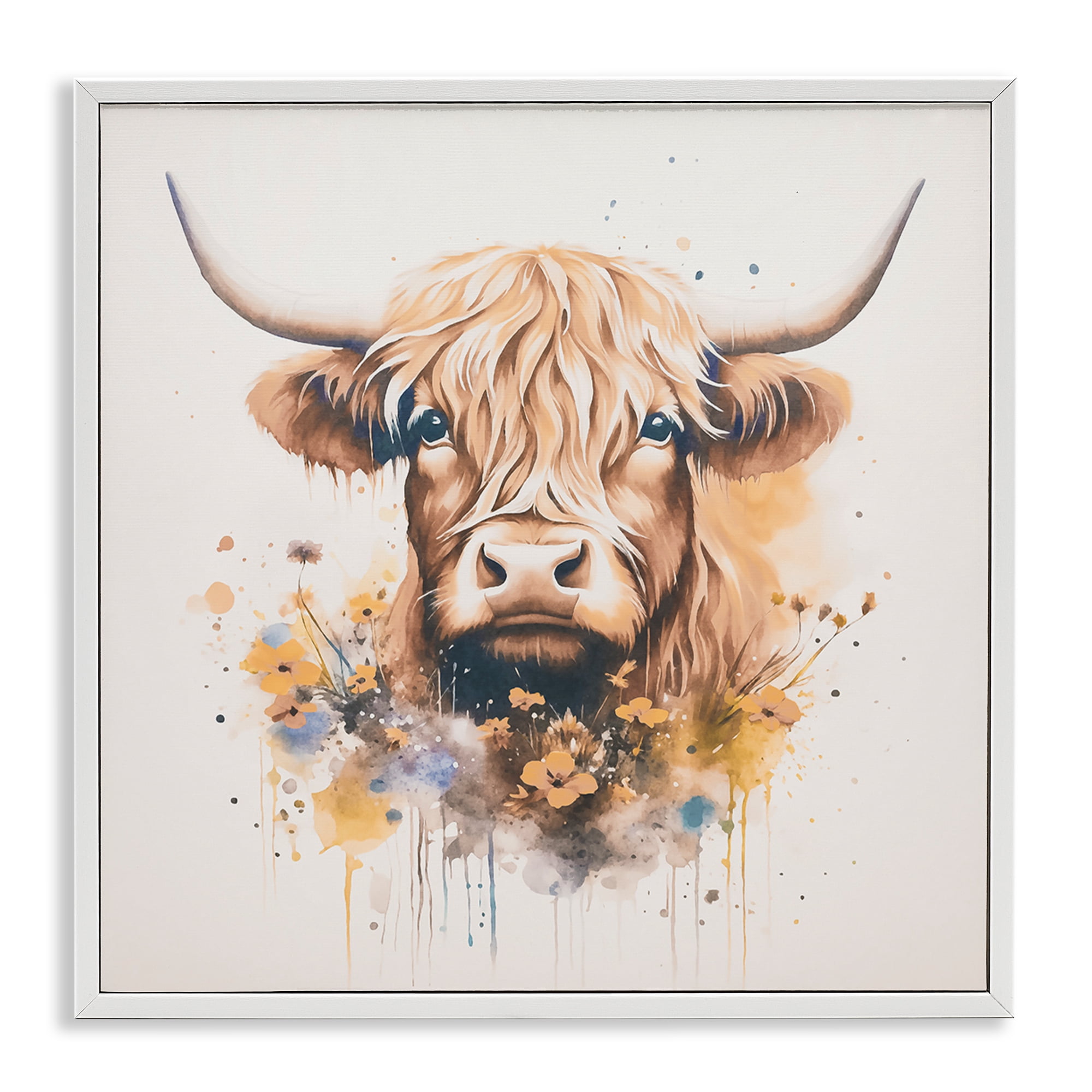 Stupell Industries Fancy Florals Highland Cow Animals Painting White ...