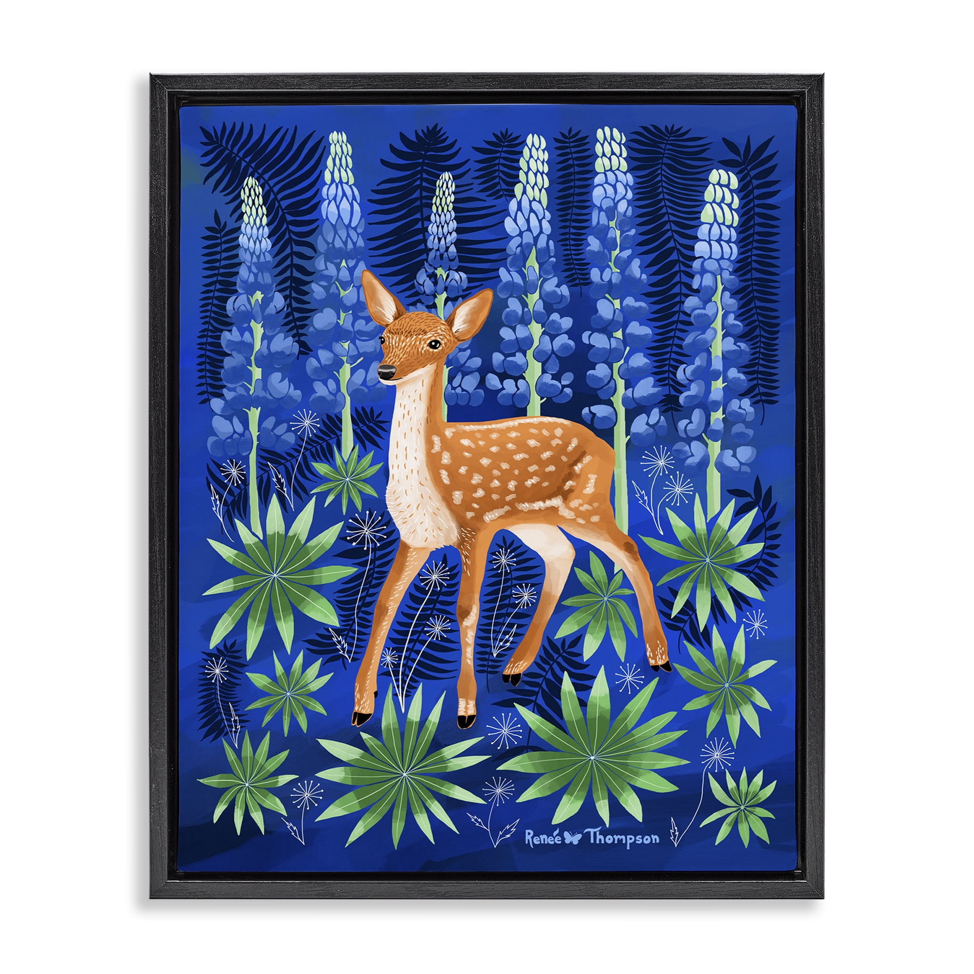 Stupell Industries Fawn & Lupine Flowers Animals Painting Black Floater ...