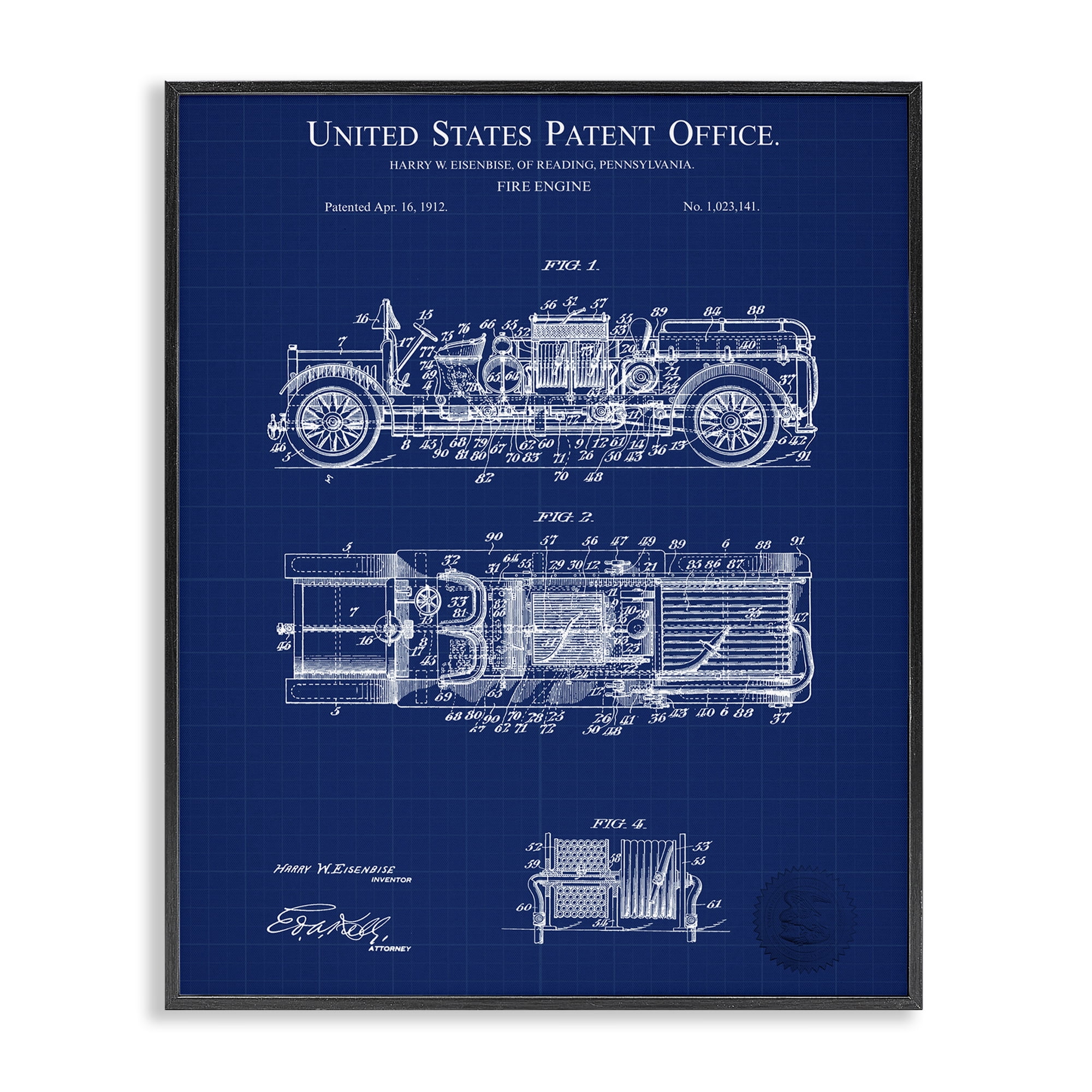 Stupell Industries Fire Engine Blueprint Transportation Painting Black ...