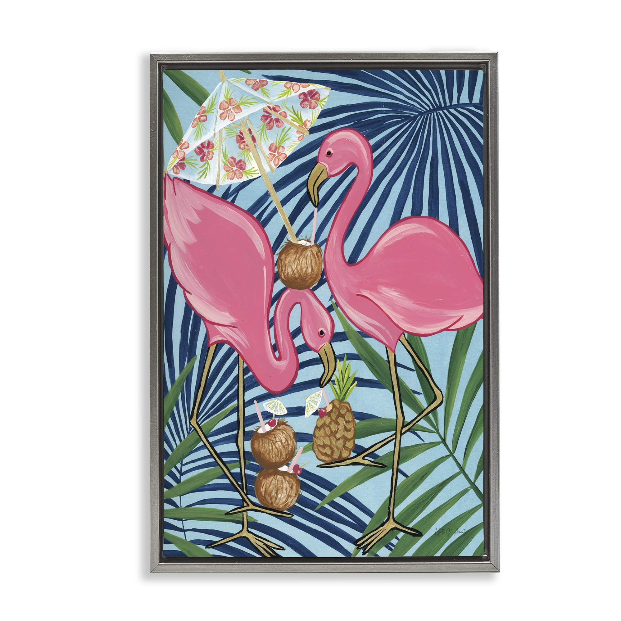 Stupell Industries Flamingo Happy Hour Animals Painting Gray Floater ...