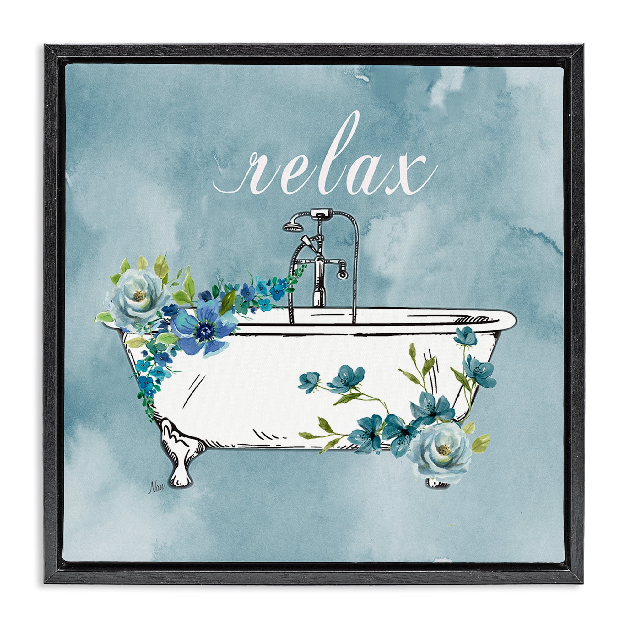 Stupell Industries Floral Bathroom Rules Relax Black Framed Floater ...