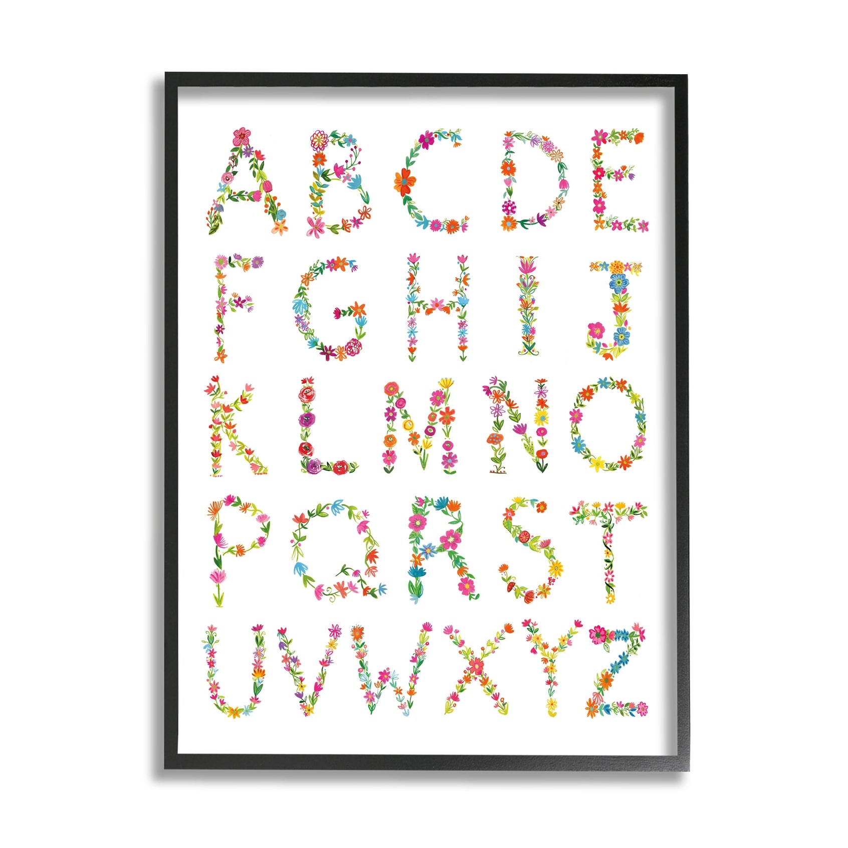Stupell Industries Floral Pattern Alphabet Soft Chic Typography Black Framed, 11 x 14, Design by ...