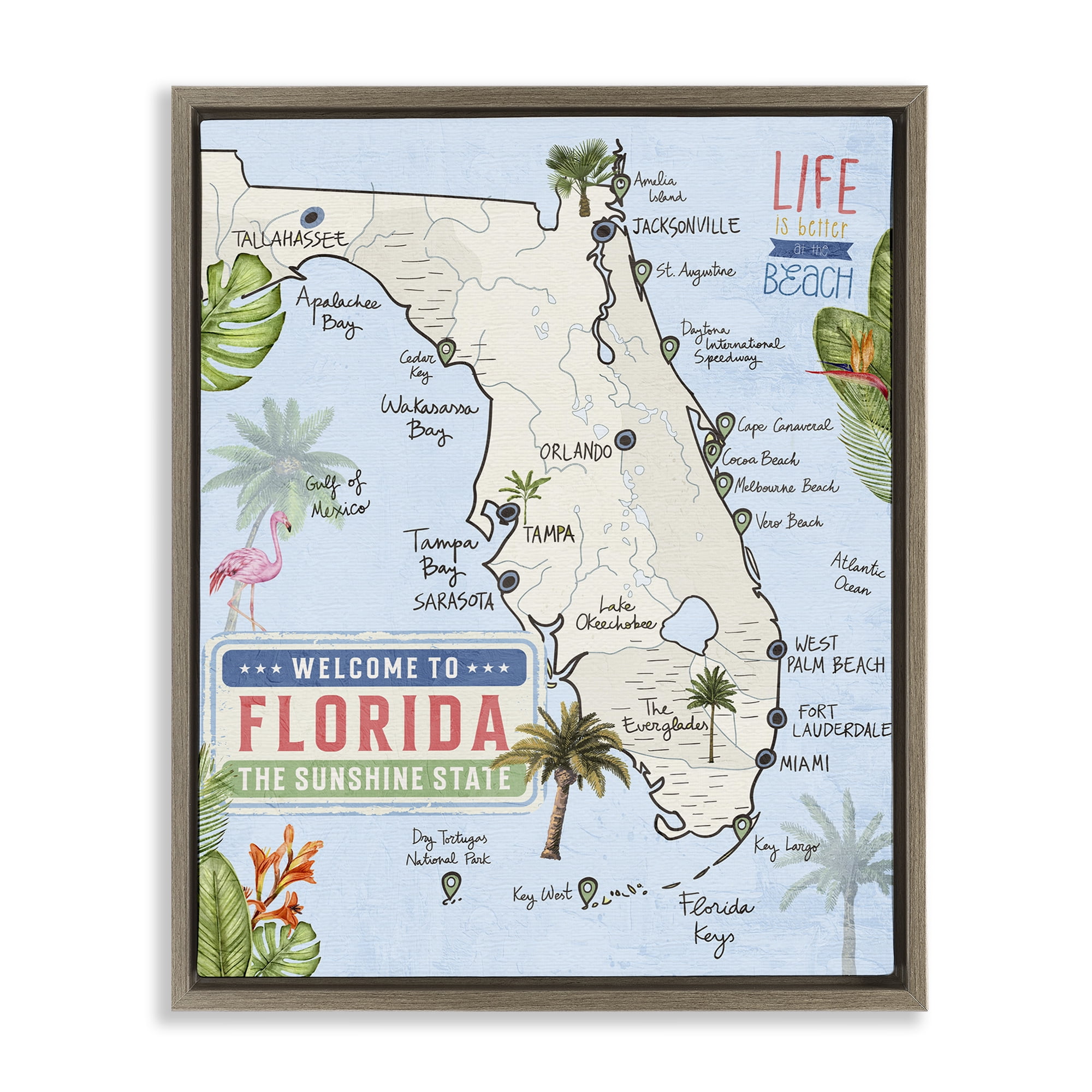 Stupell Industries Florida Map Beach Life Map Painting Brown Floater ...
