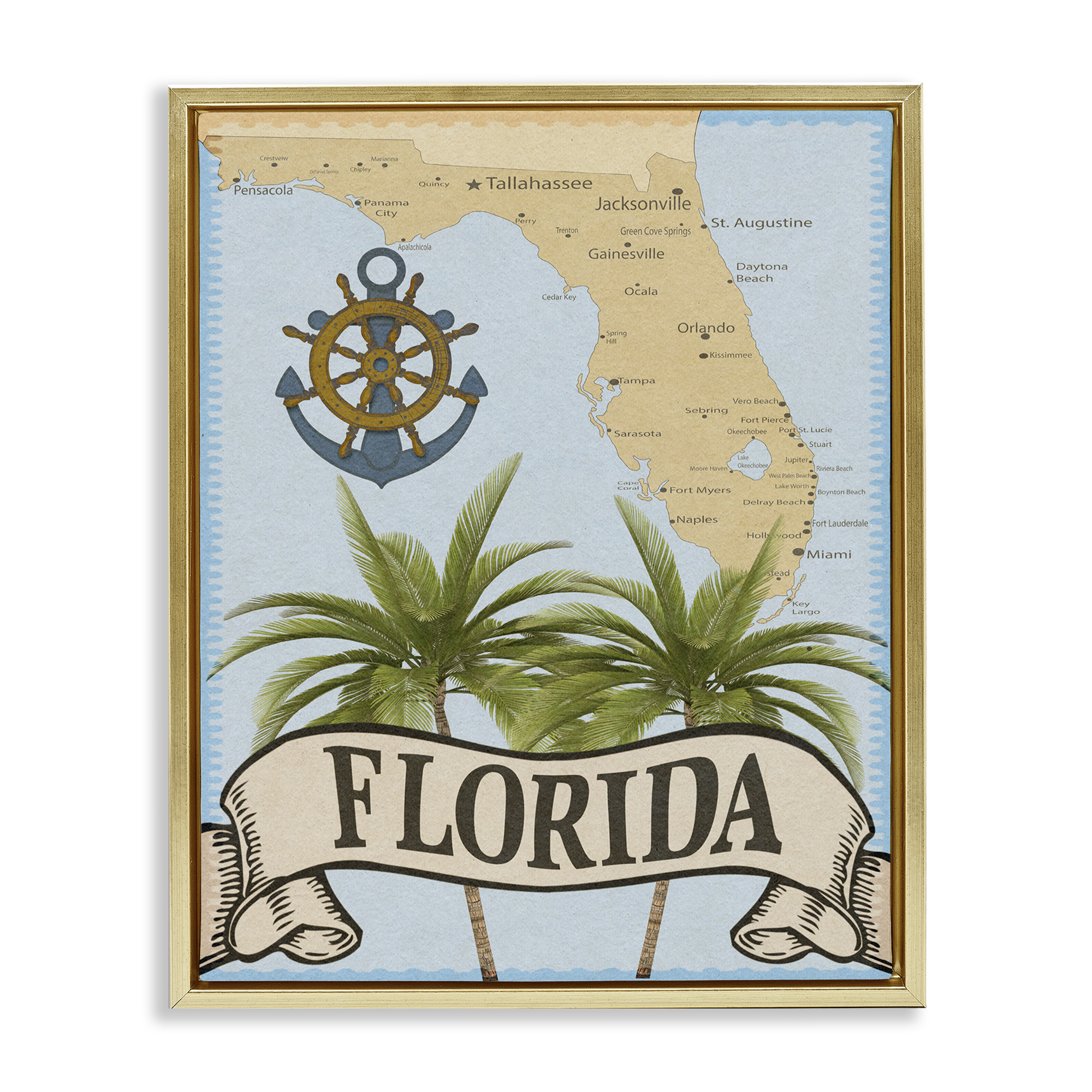 Stupell Industries Florida Map Palm Trees Gold Framed Floater Canvas ...