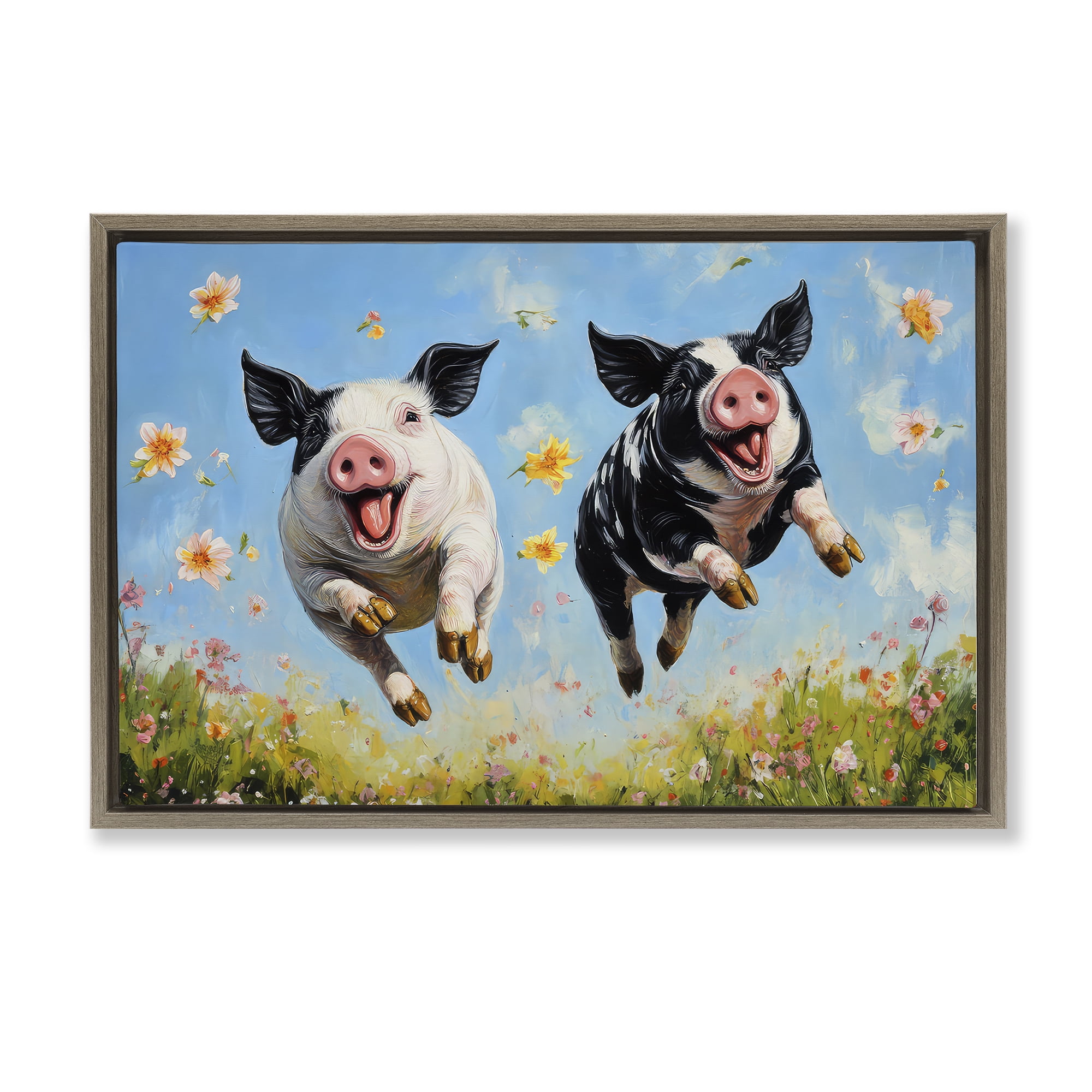Stupell Industries Flying Pigs & Flowers Brown Framed Floater Canvas ...
