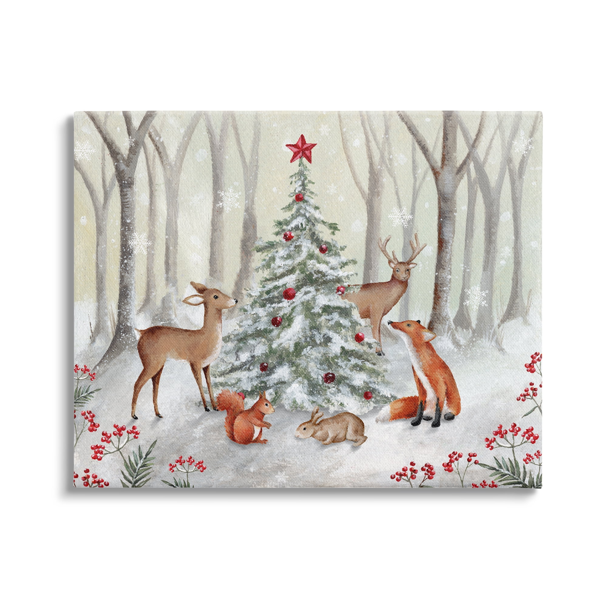 Stupell Industries Forest Animals & Christmas Tree Holiday Painting ...
