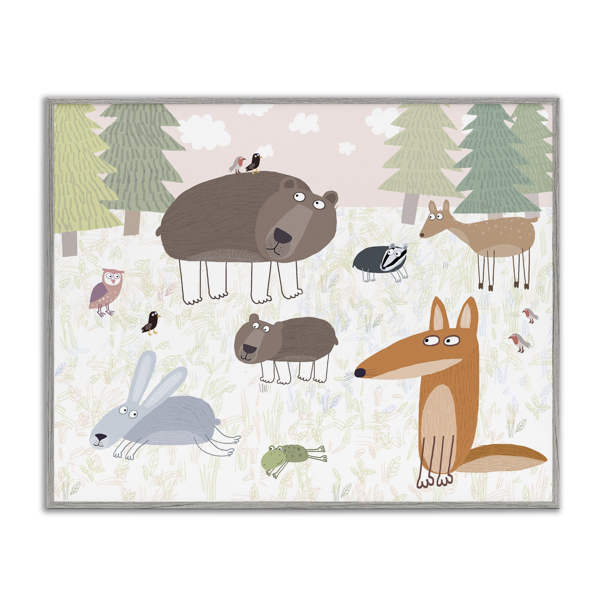 Stupell Industries Forest Animals Out and About Gray Framed Giclee Art ...