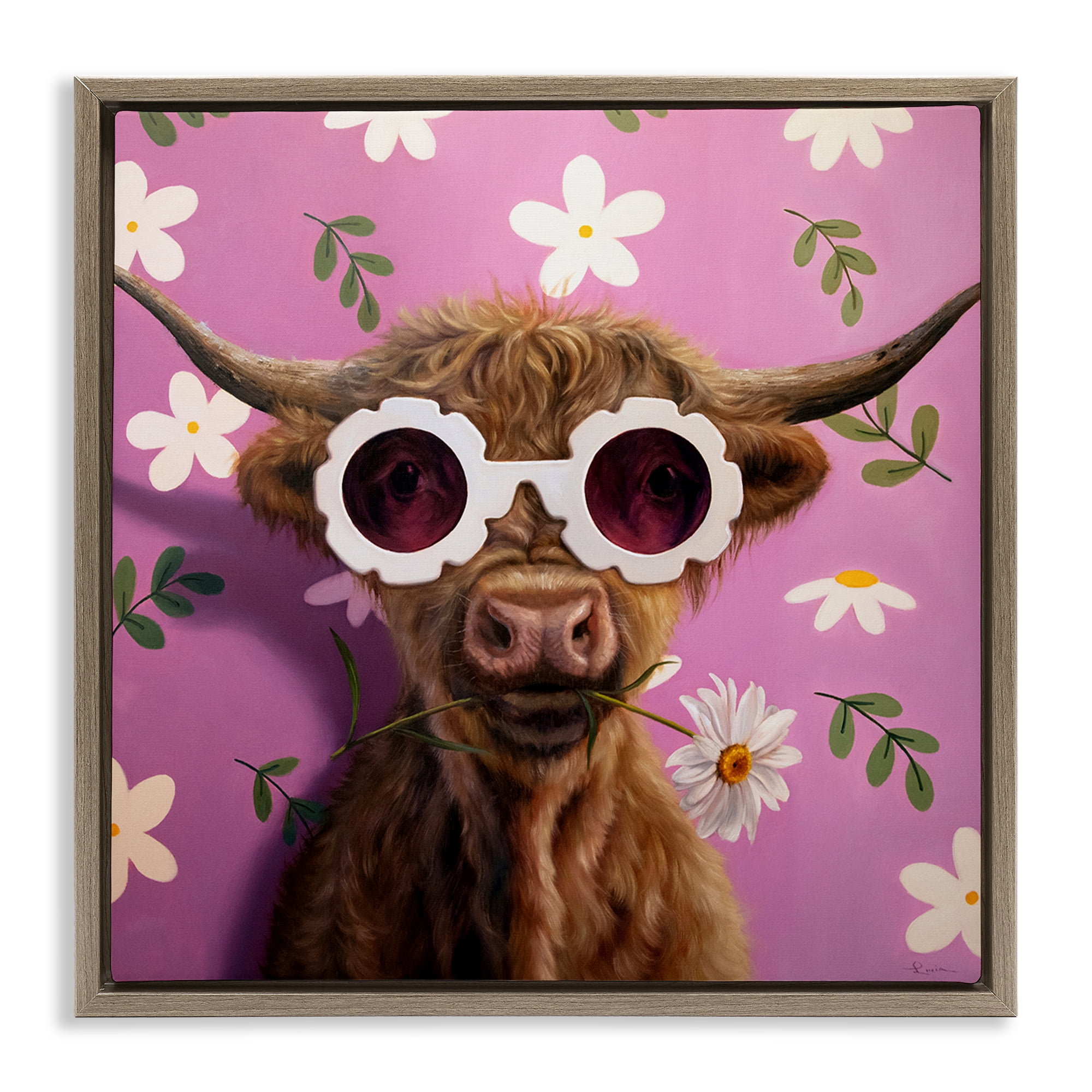 Stupell Industries Fresh As A Daisy Cattle Brown Framed Floater Canvas ...