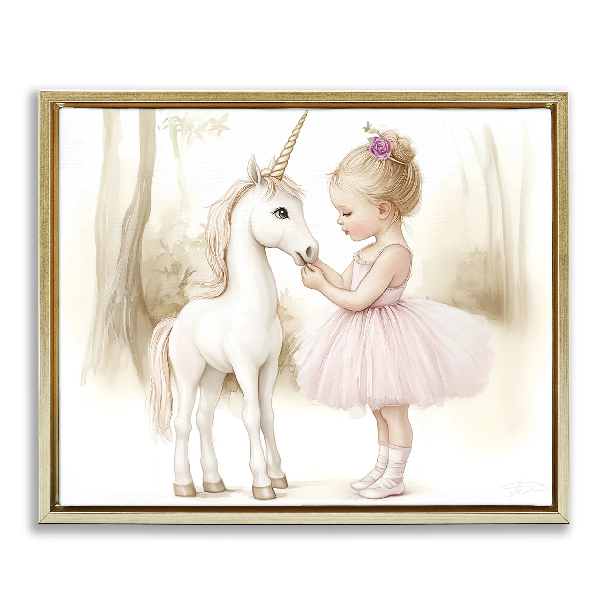 Stupell Industries Girl & Unicorn Friendship Gold Framed Floater Canvas ...