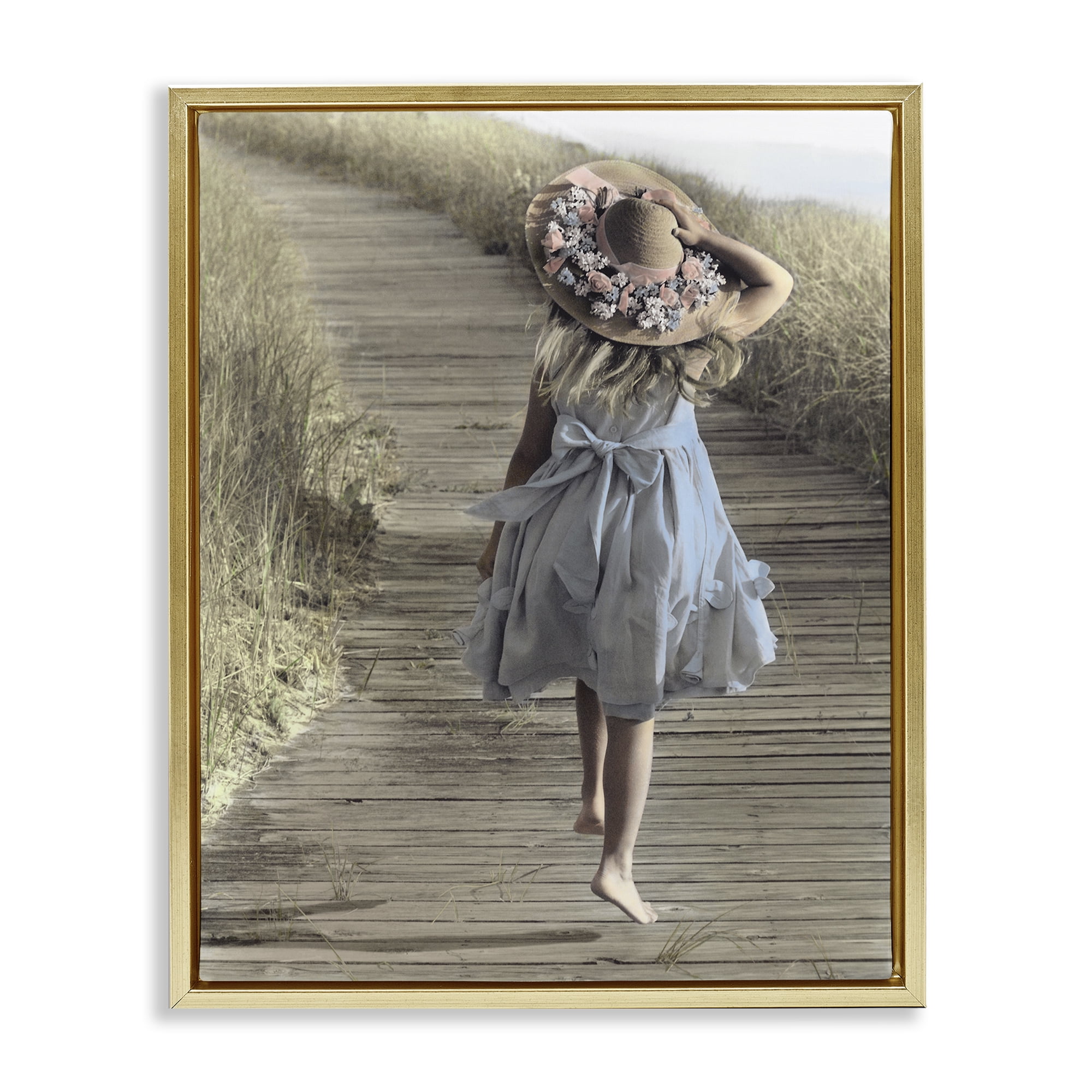 Stupell Industries Girl With Sun Hat Walking Gold Framed Floater Canvas ...