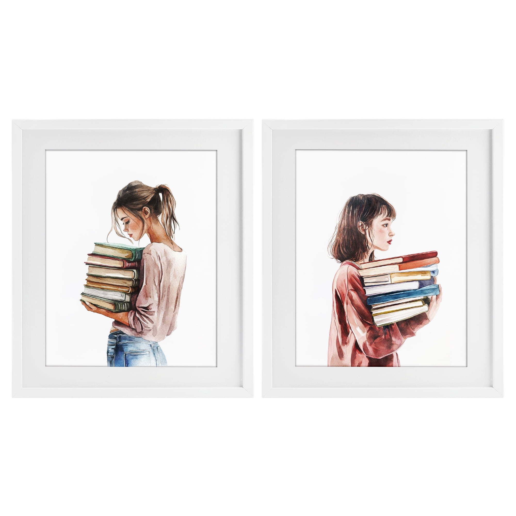 Stupell Industries Girls & Library Book Stacks 2 Piece White Framed ...