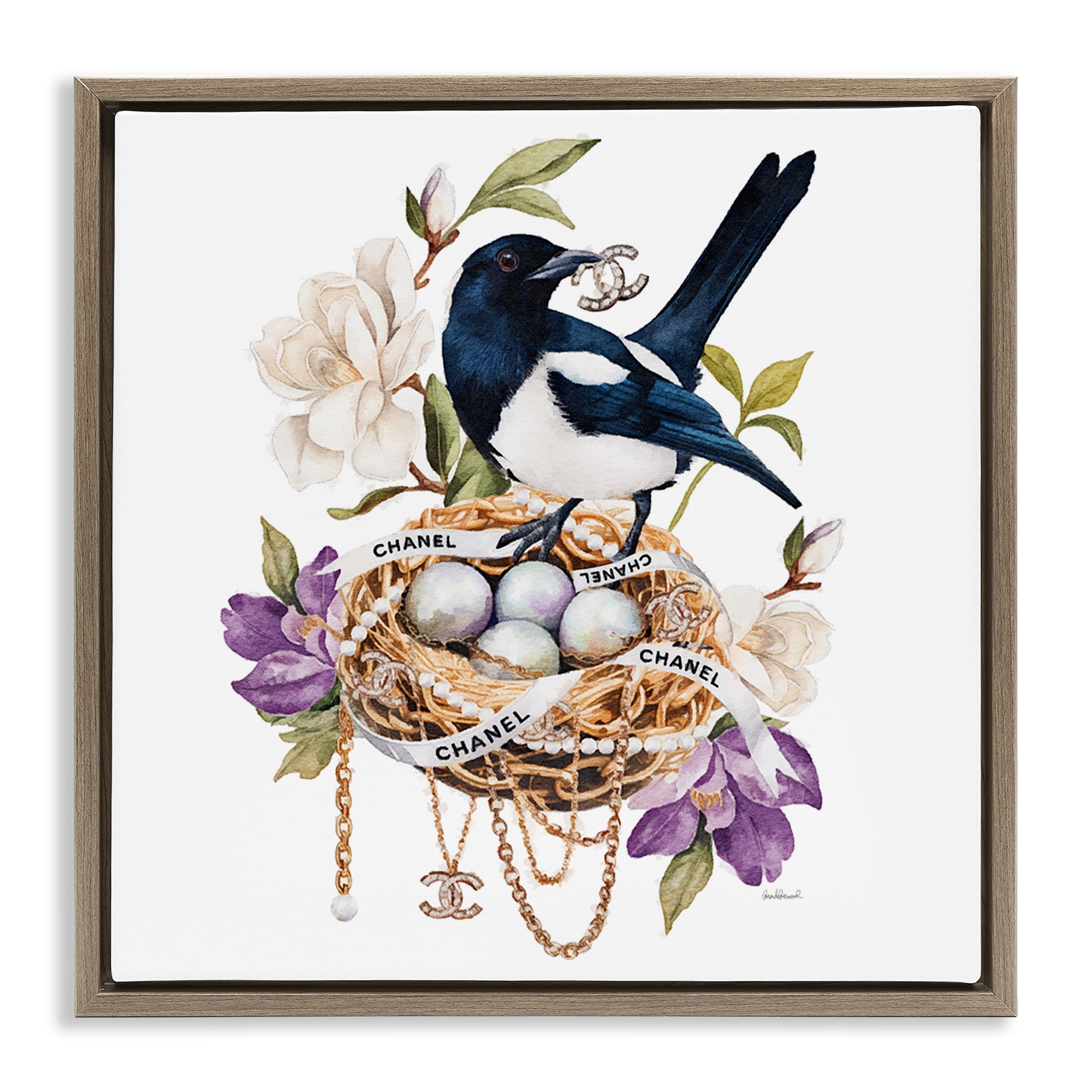 Stupell Industries Glam Birds Nest Magnolia Brown Framed Floater Canvas ...