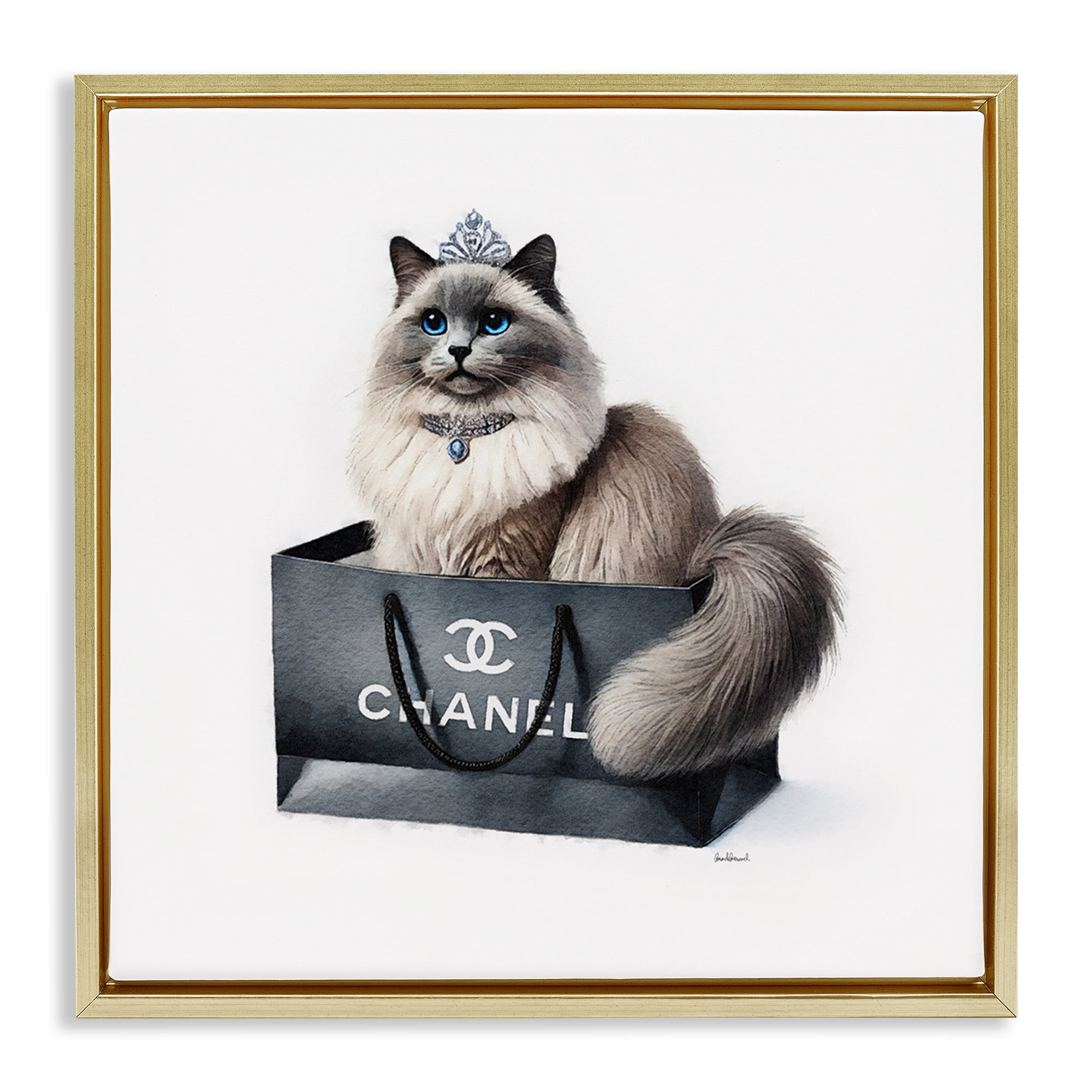Stupell Industries Glam Cat Shopping Bag Animals Painting Gold Floater ...