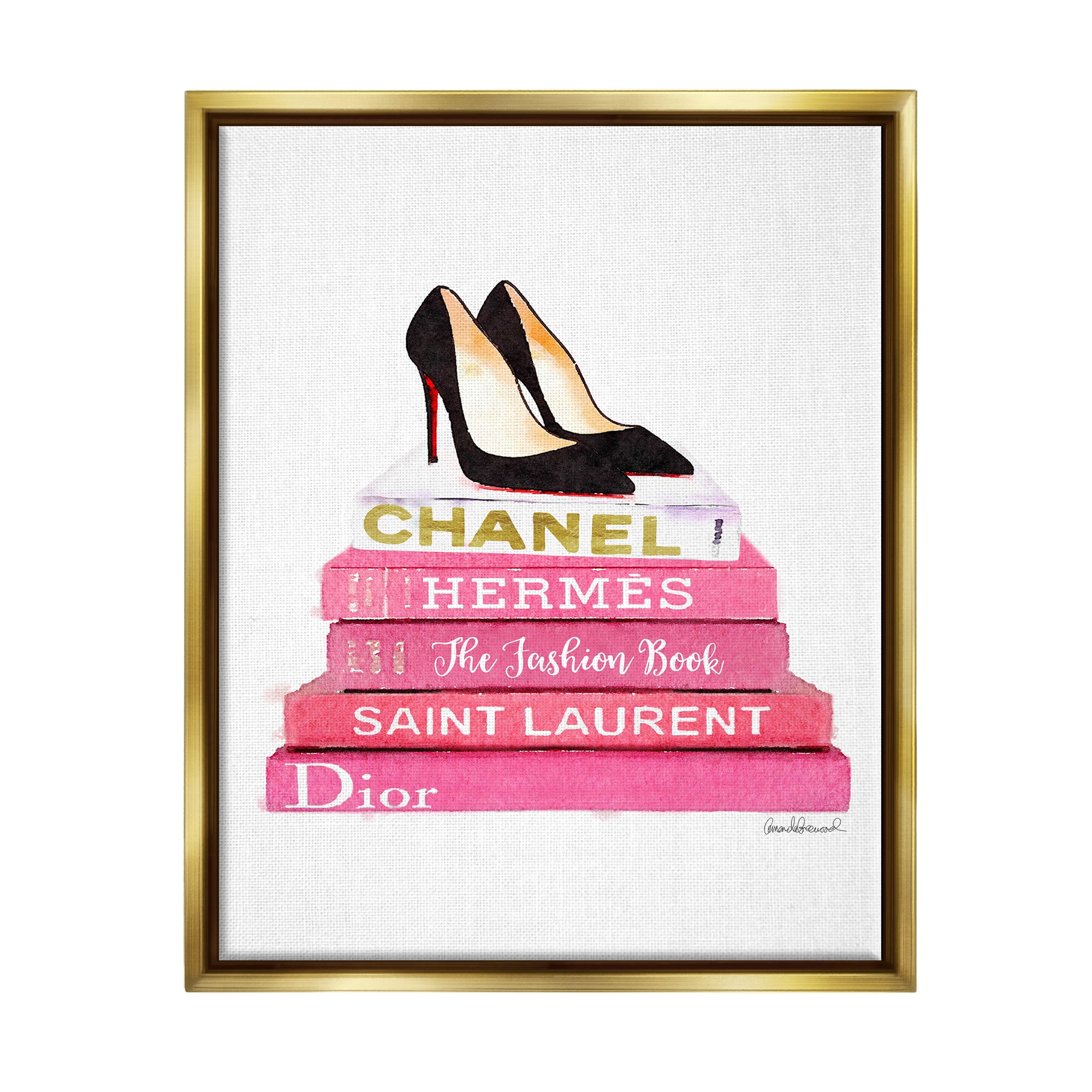 Stupell Industries Glam Pink Fashion Books Black Pump Hells Metallic Gold Framed Floating Canvas ...