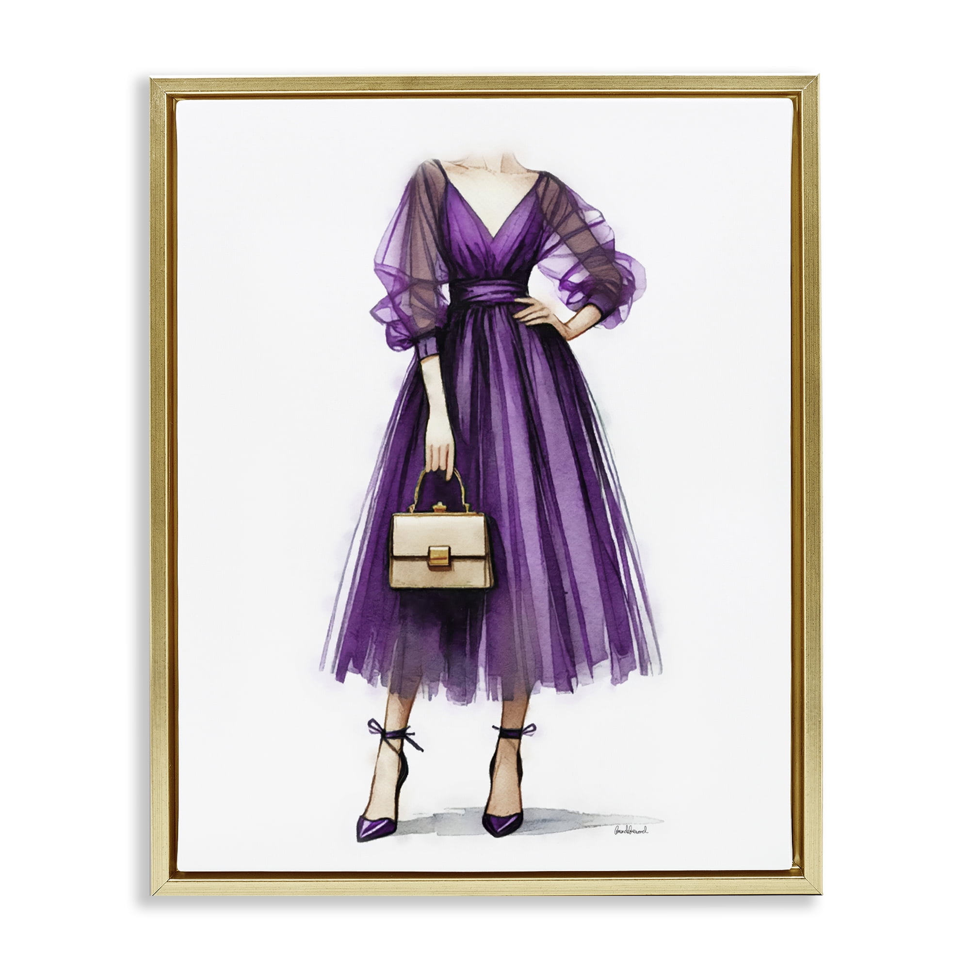 Stupell Industries Glam Purple Gown Fashion Painting Gold Floater ...