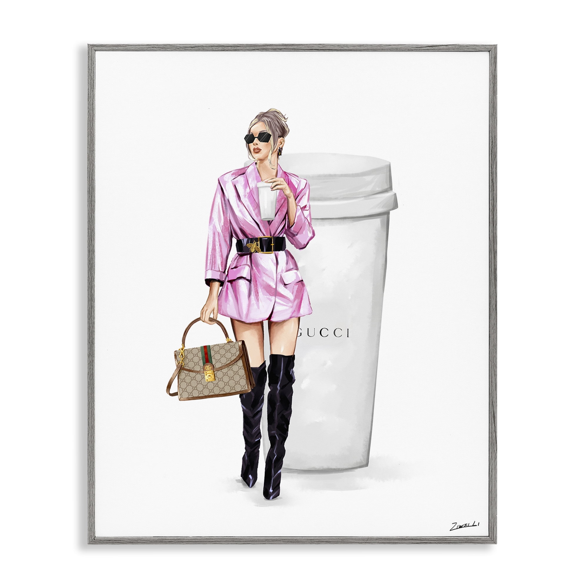 Stupell Industries Glam Woman with Coffee People Painting Gray Framed ...