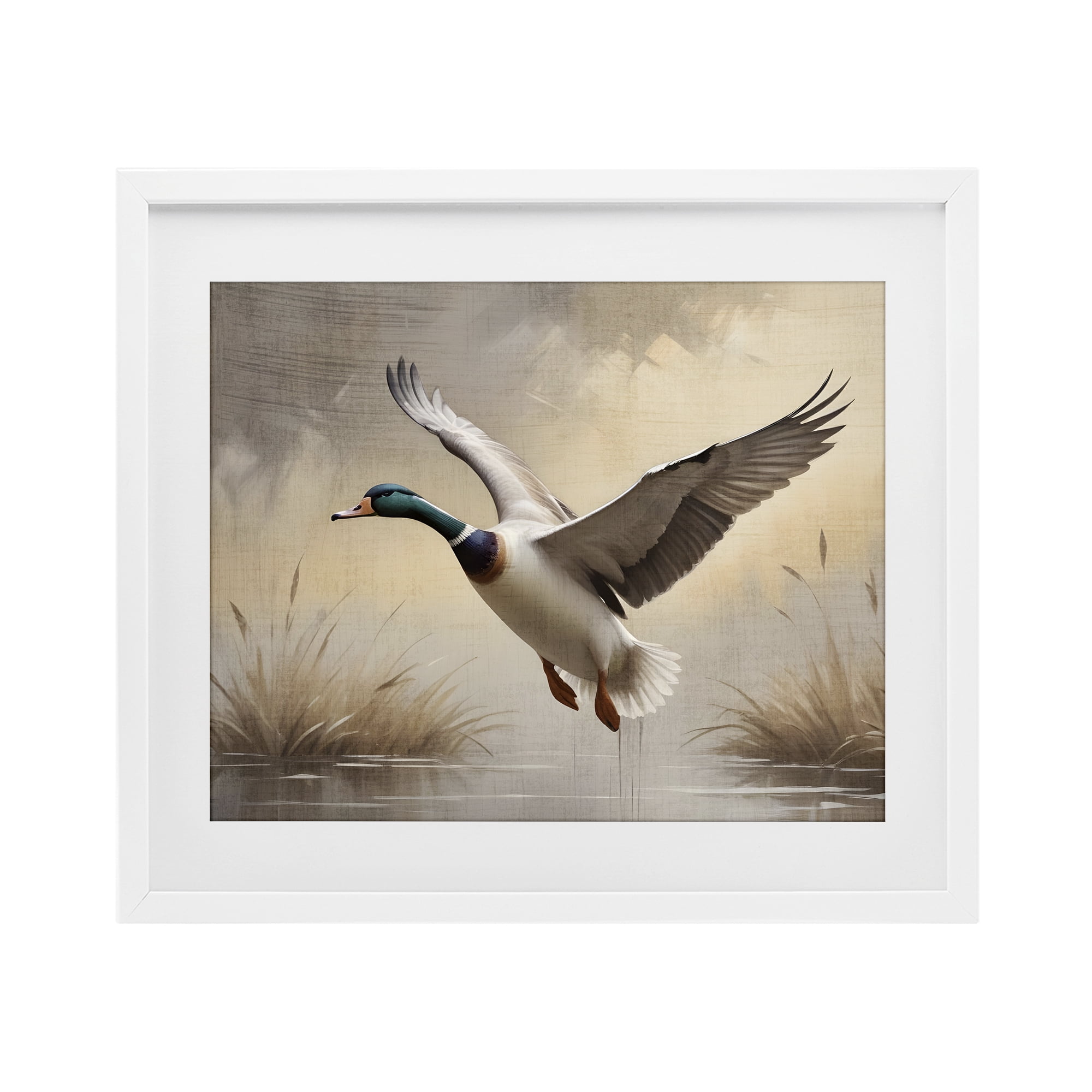 Stupell Industries Gliding Mallard over Wetlands White Framed Print ...