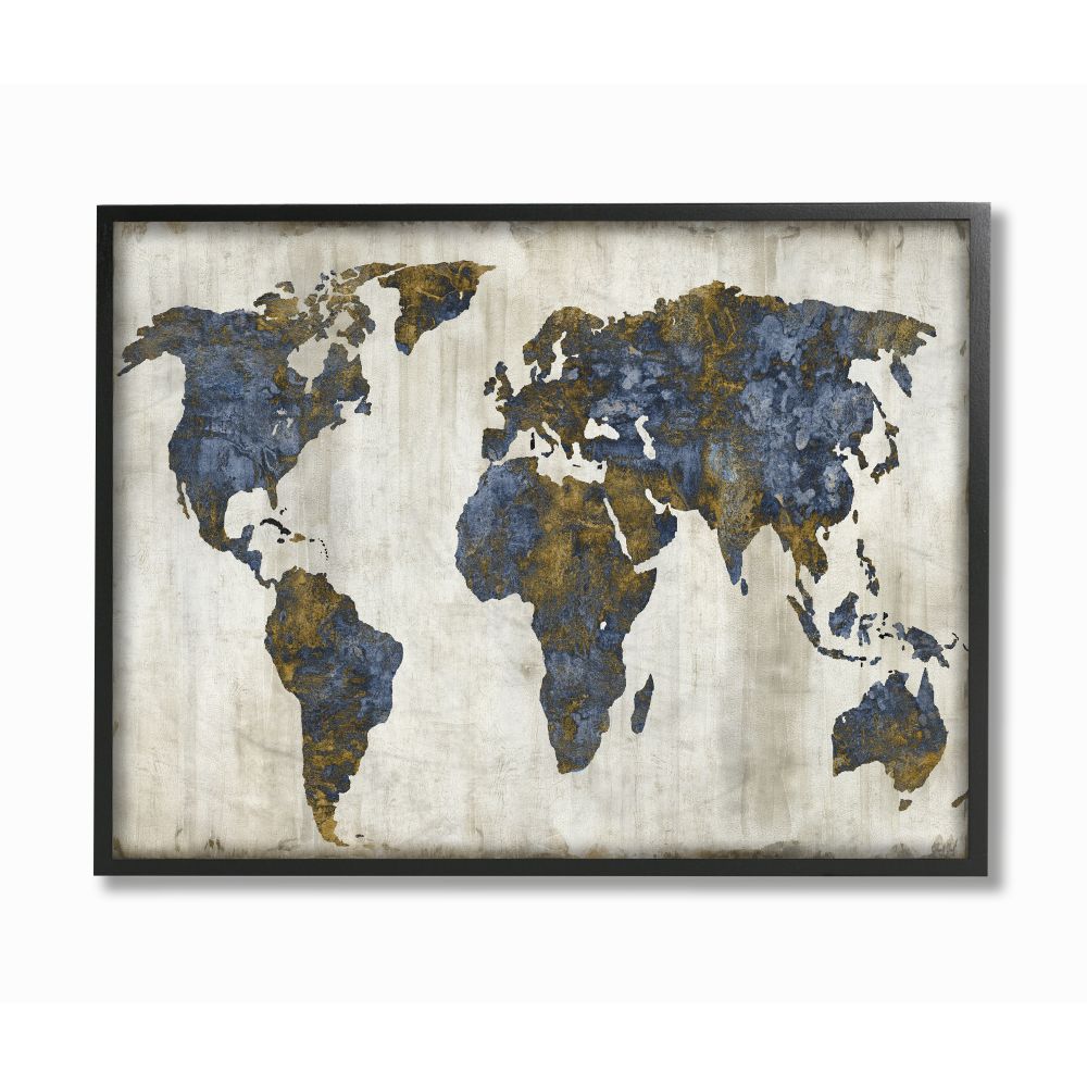 Stupell Industries Gold Blue World Map Graphic Art Black Framed Wall ...