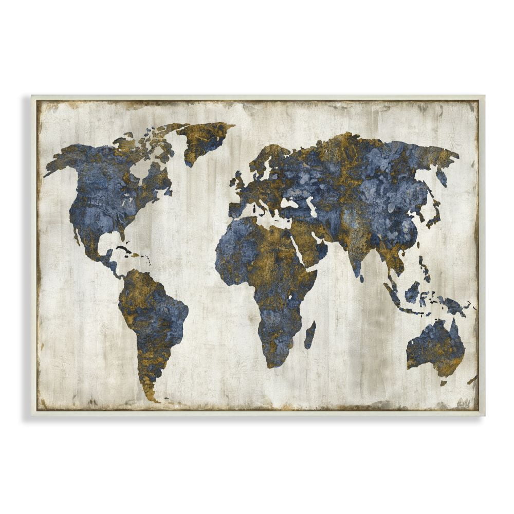 Stupell Industries Gold Blue World Map Design Wall Plaque by Russell ...