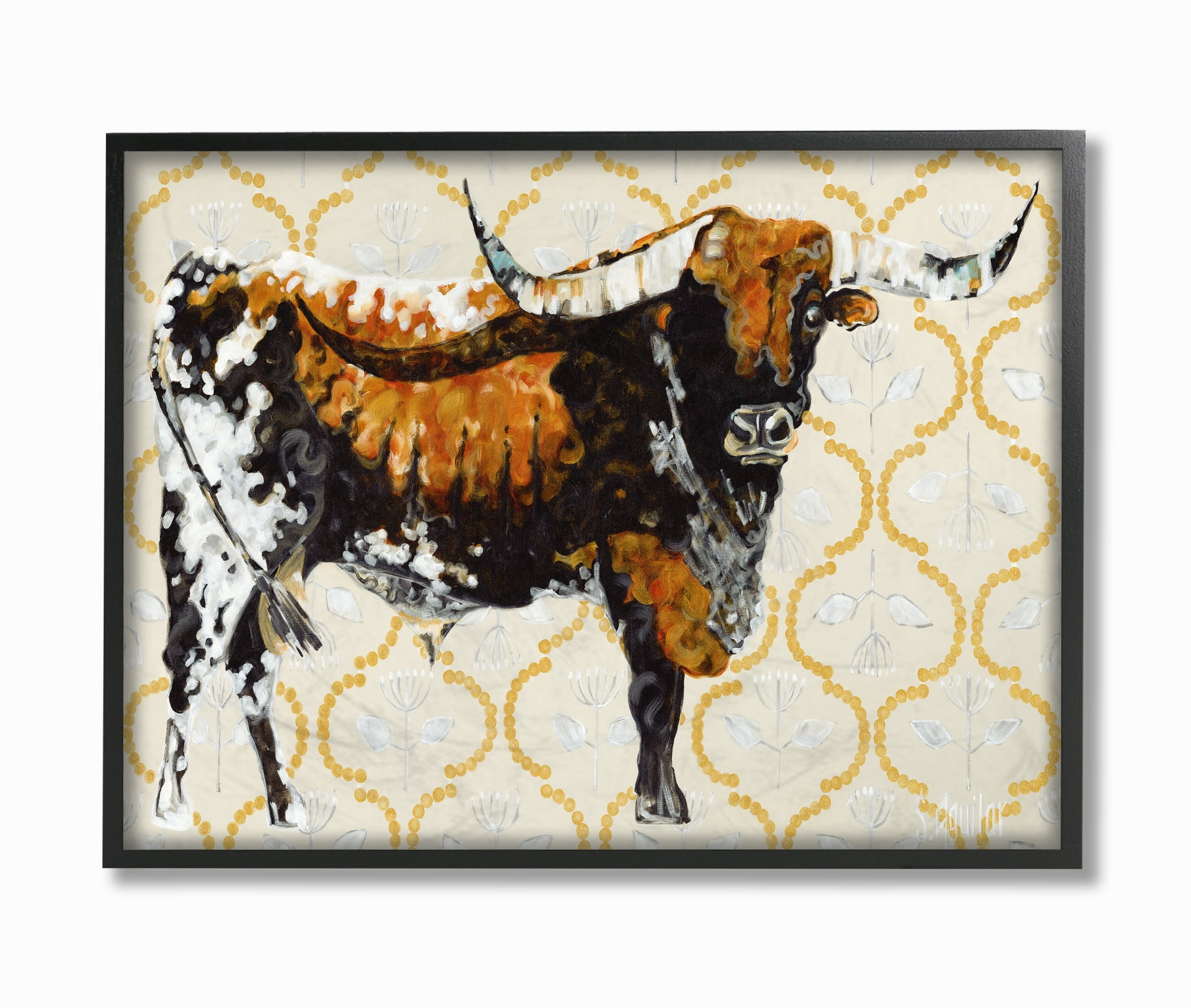 Stupell Industries Gold Cow Animal Pattern Neutral Painting Framed Wall ...