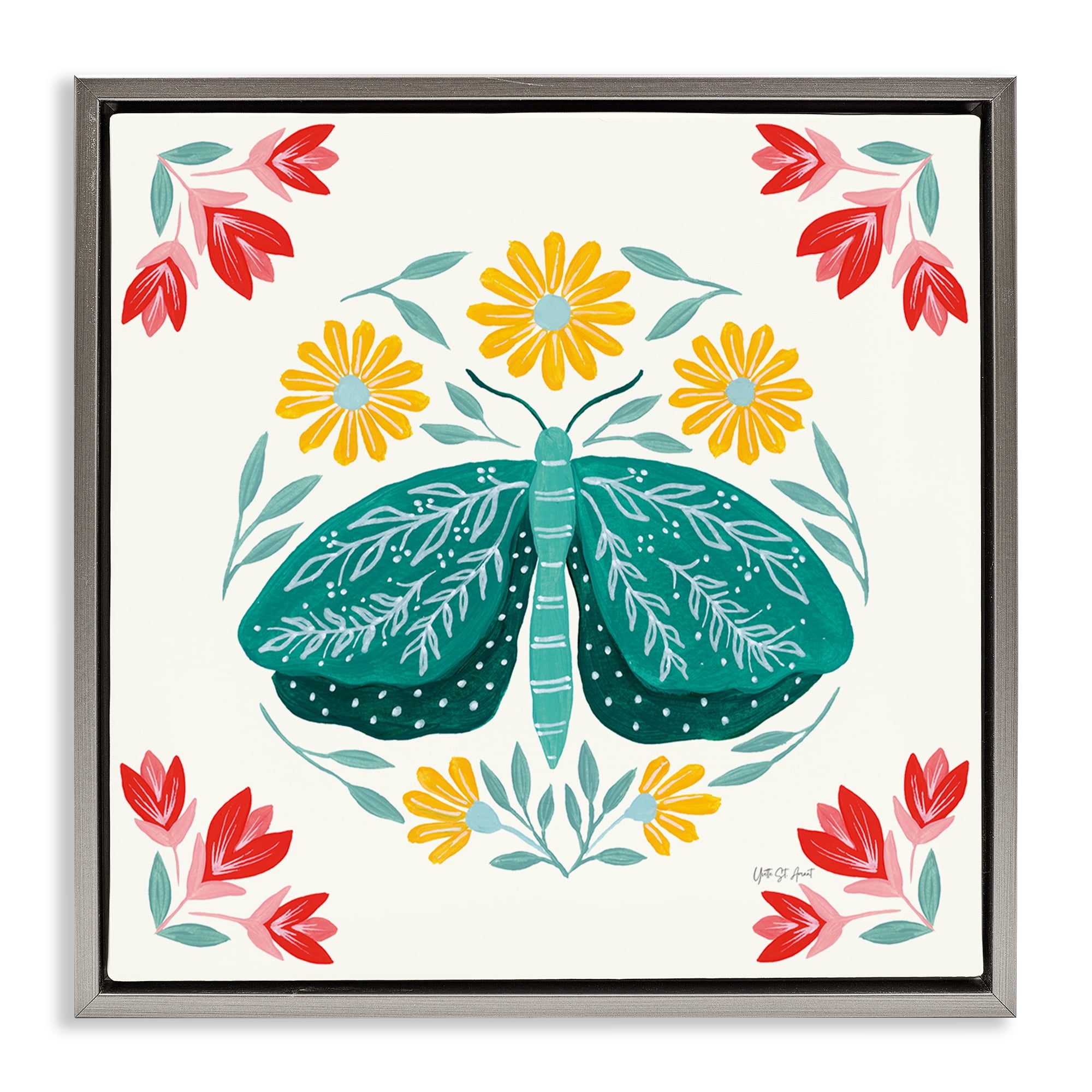 Stupell Industries Green Folk Butterfly Insects Painting Gray Floater ...