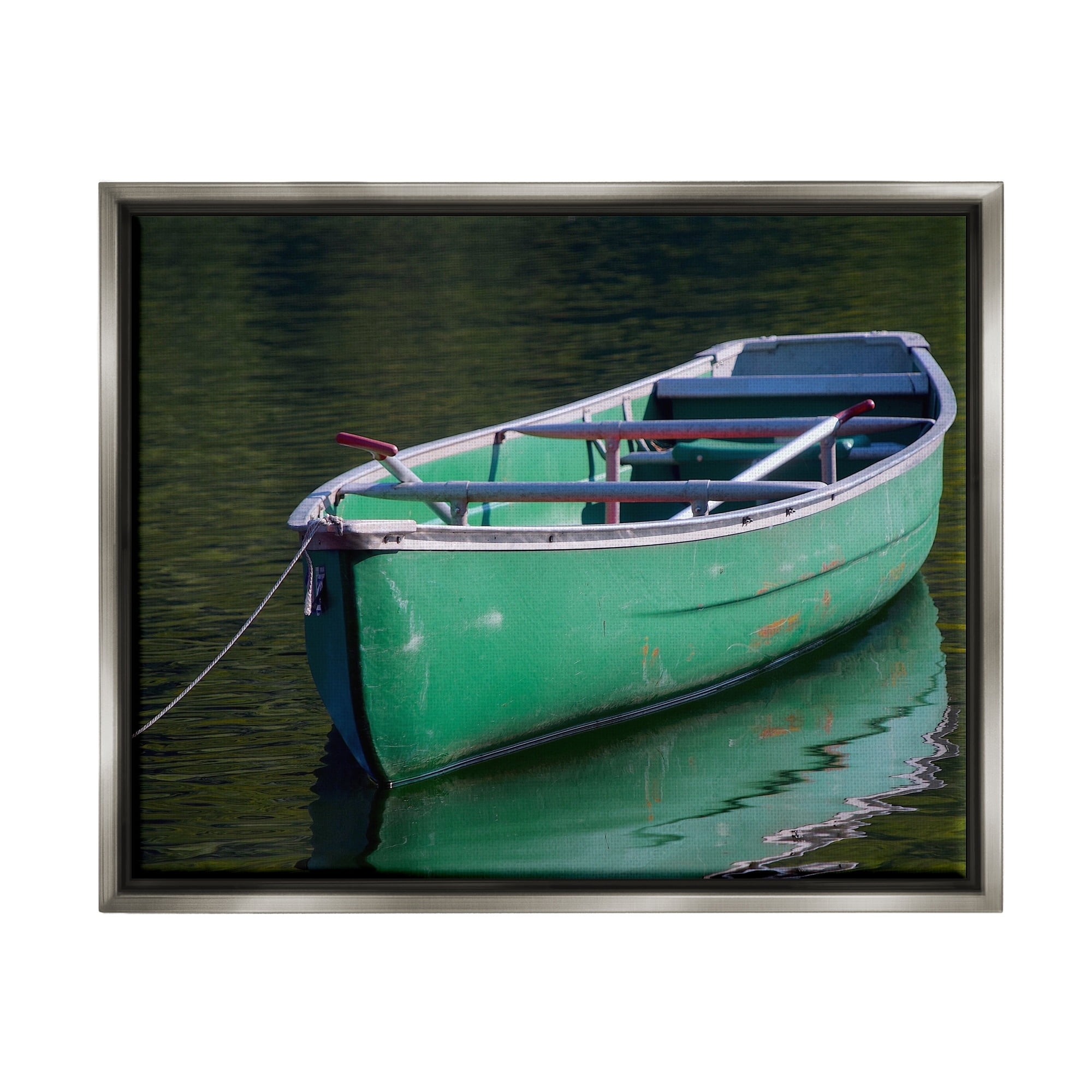 Stupell Industries Green Rowboat Canoe Floating Lake Dock Photography Photograph Luster Gray ...